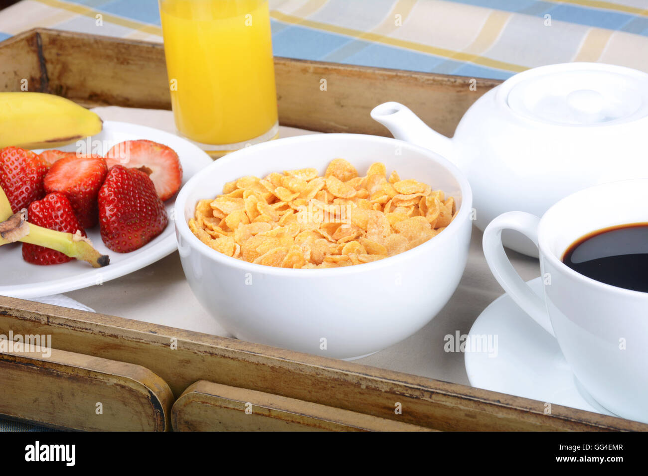 Breakfast tray with coffee, orange juice, cereals and fruits Stock ...