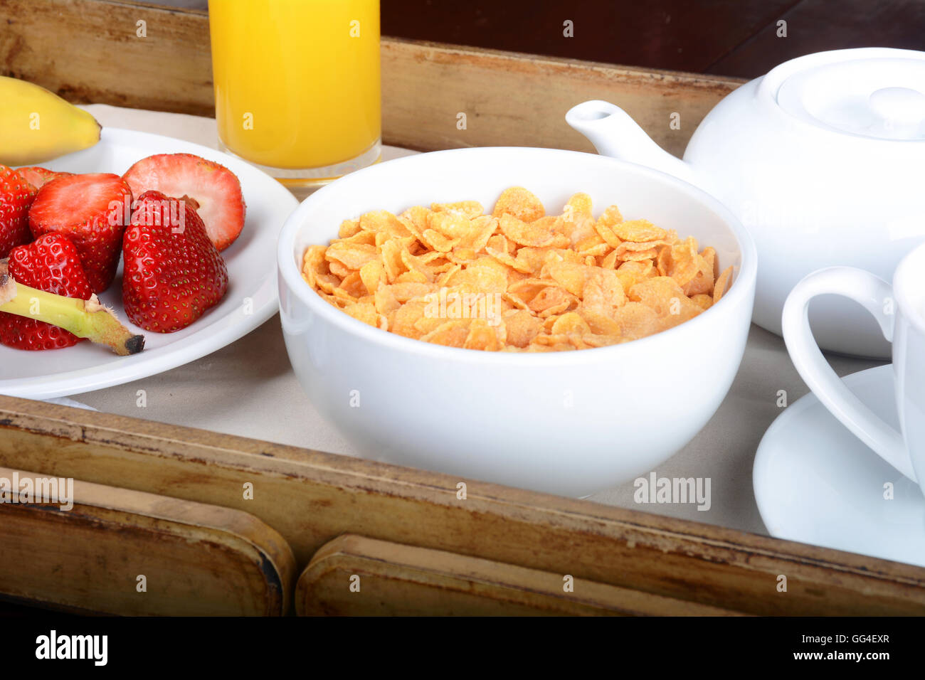 Breakfast tray with coffee, orange juice, cereals and fruits Stock ...