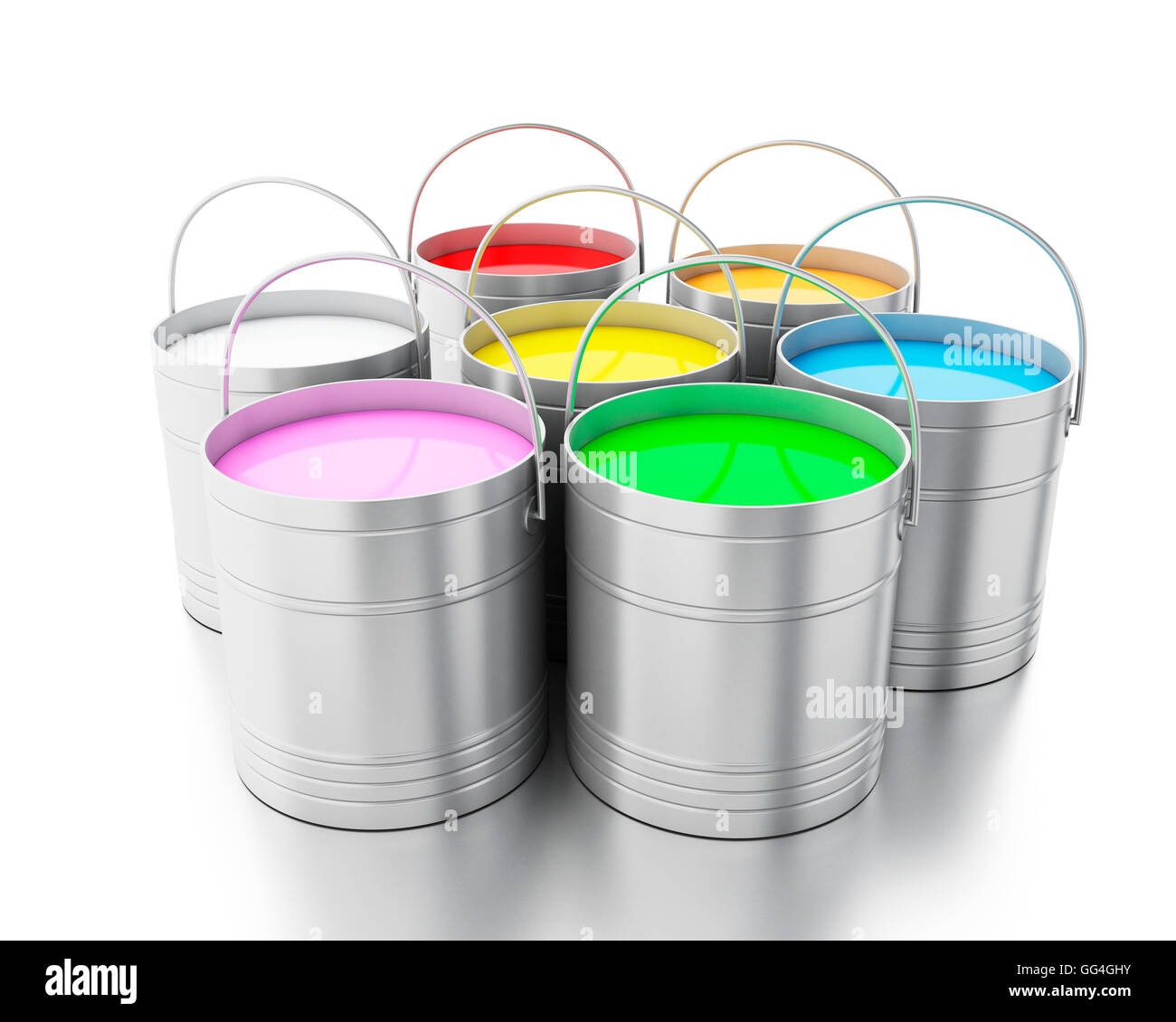 3d renderer image. Full paint buckets. Isolated white background Stock ...