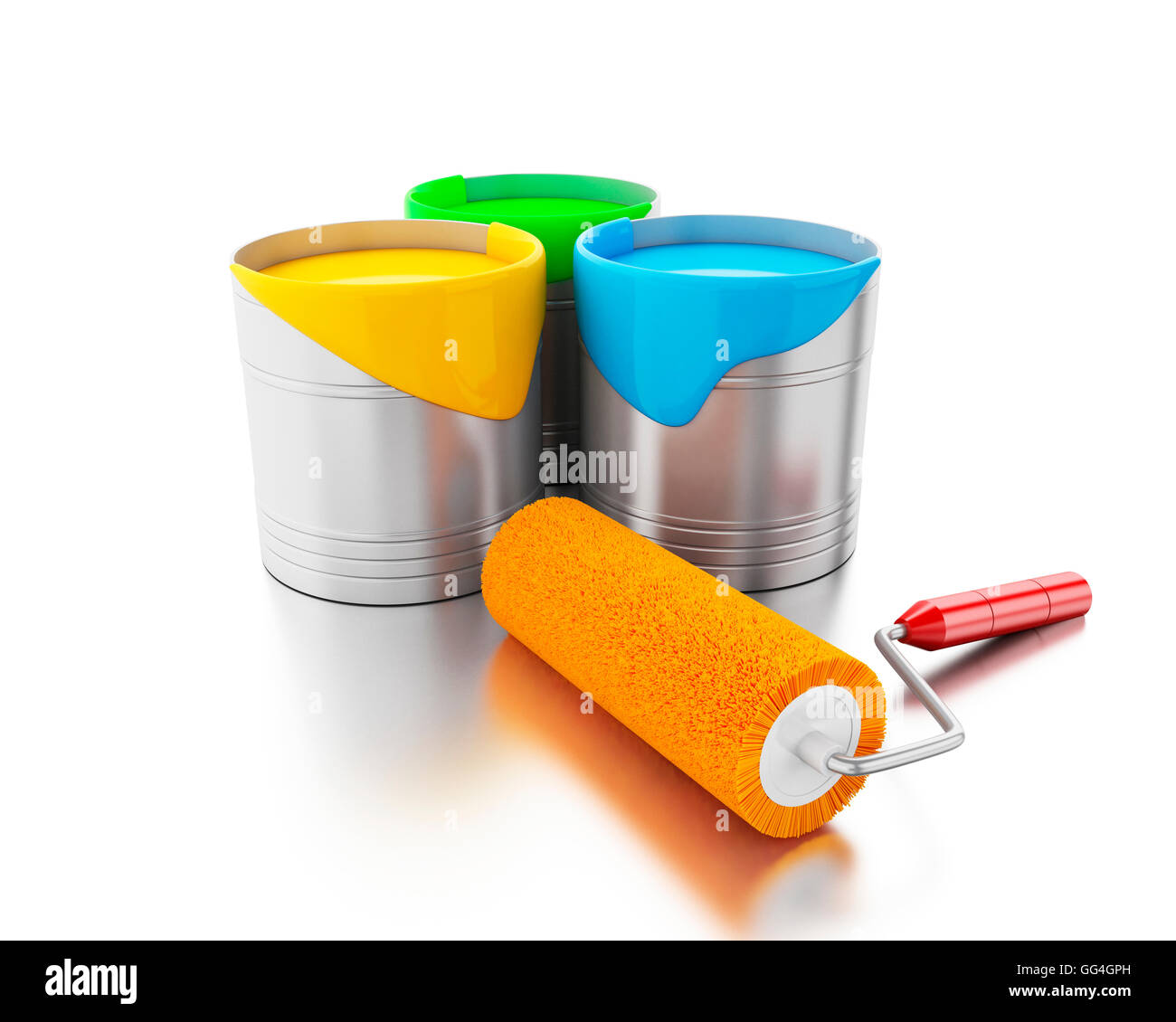 3d renderer image. Full paint buckets and paint roller. Isolated white ...