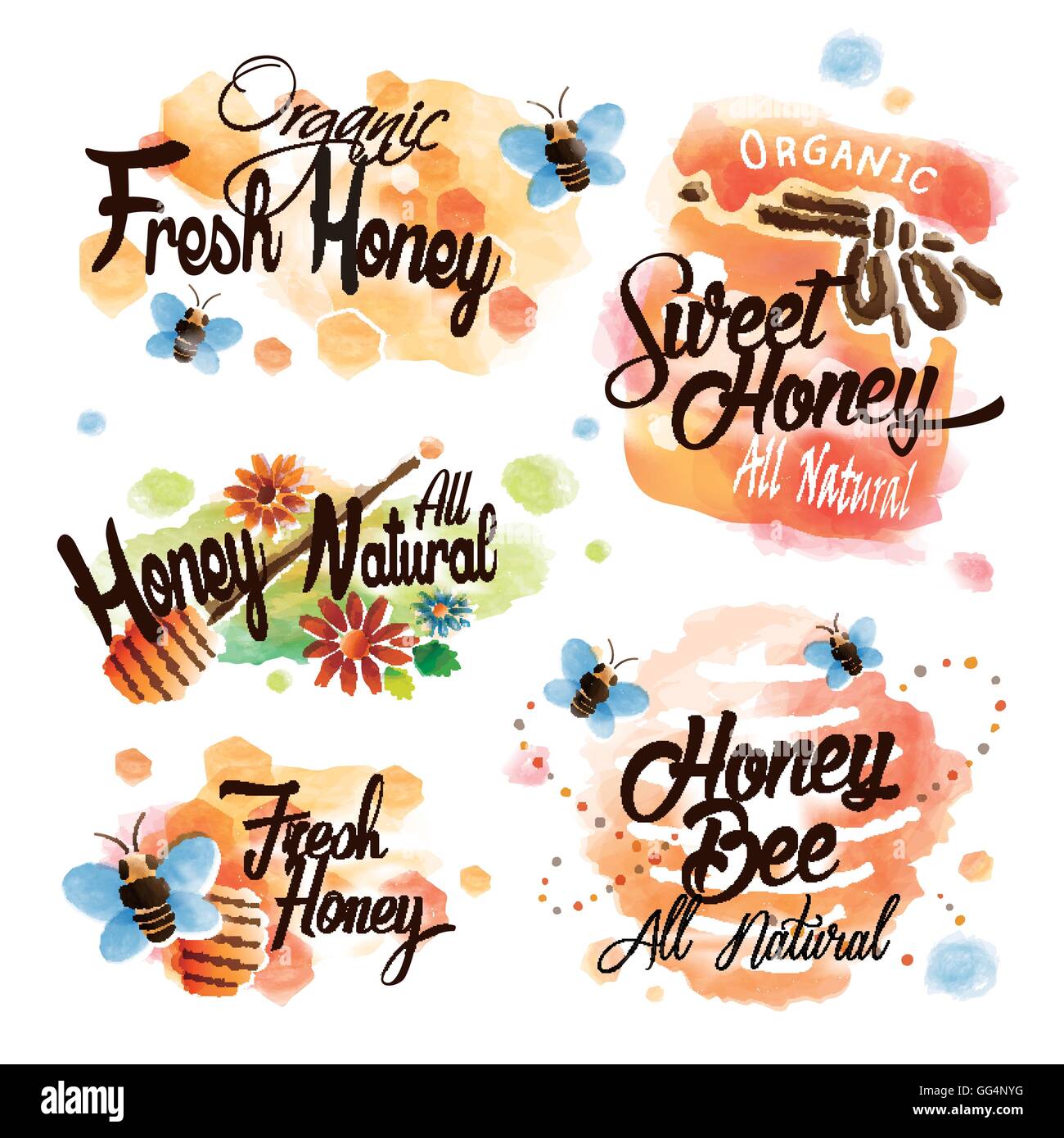 Lovely honey label set with honeycomb and bees in watercolor style ...