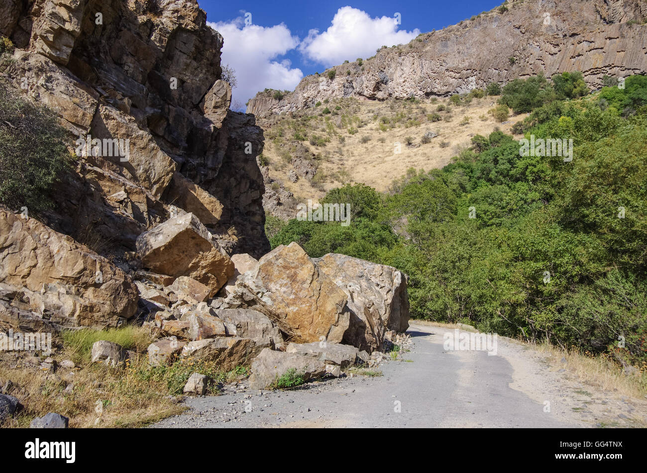The collapse following a rockfall in the river Arpa gorge near Jermuk ...