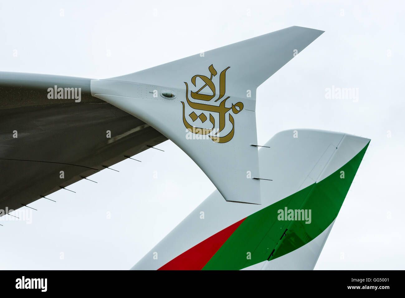 Detail of passenger jet Airbus A380 in the original colors of Emirates ...