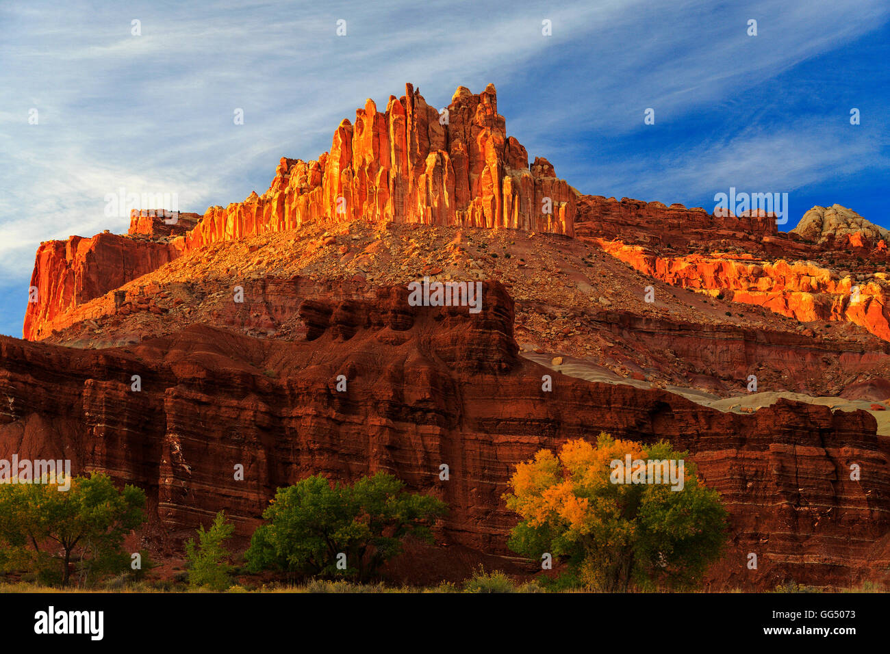 In this shot the late-afternoon sun lights up "The Castle" formation ...