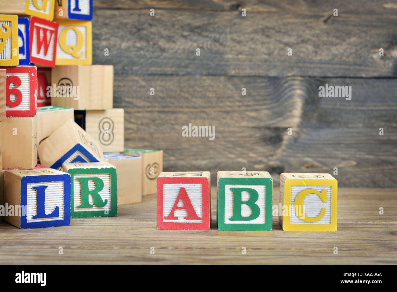 ABC text on wooden table Stock Photo - Alamy
