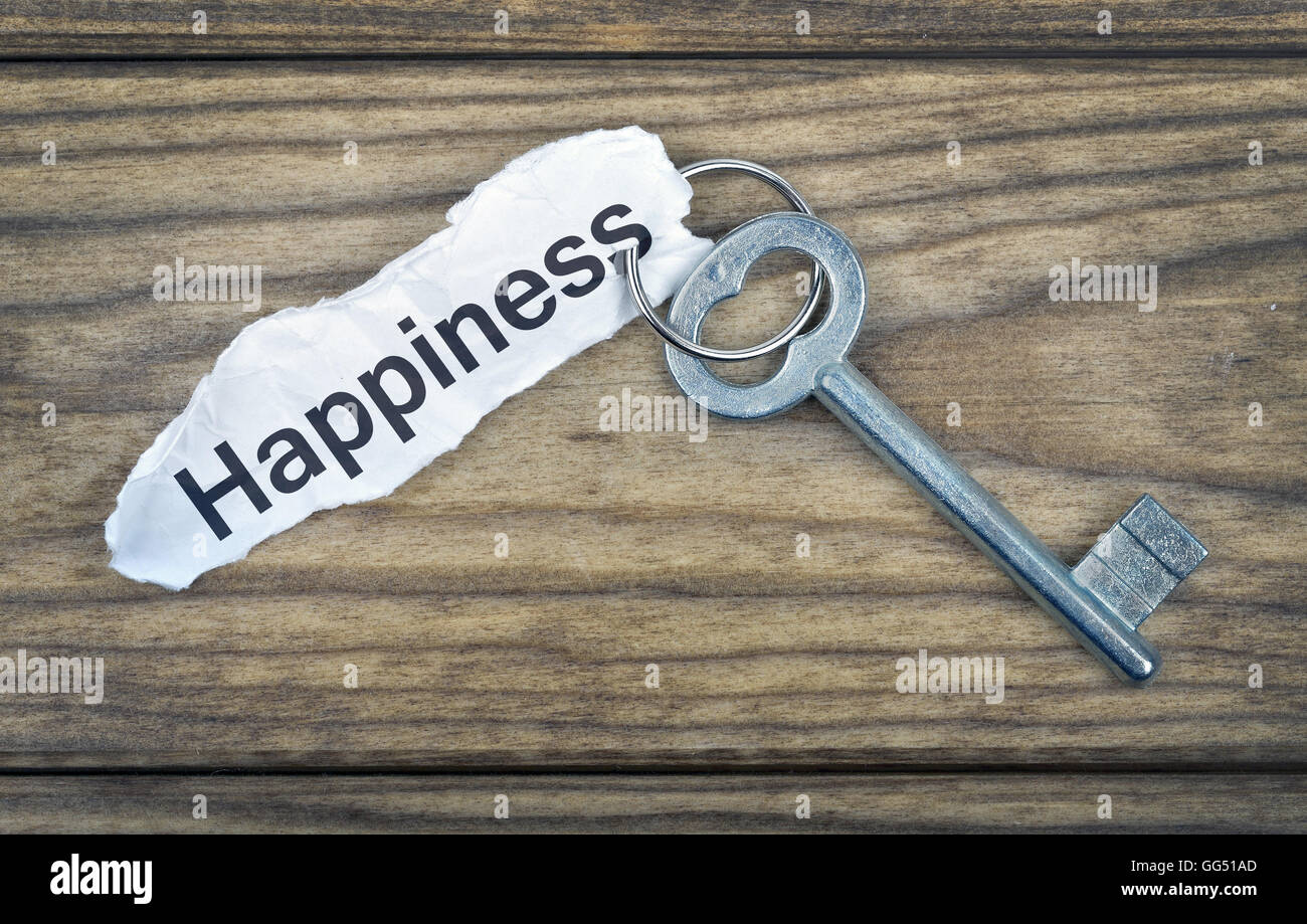 Key with message Happiness on wooden table Stock Photo - Alamy