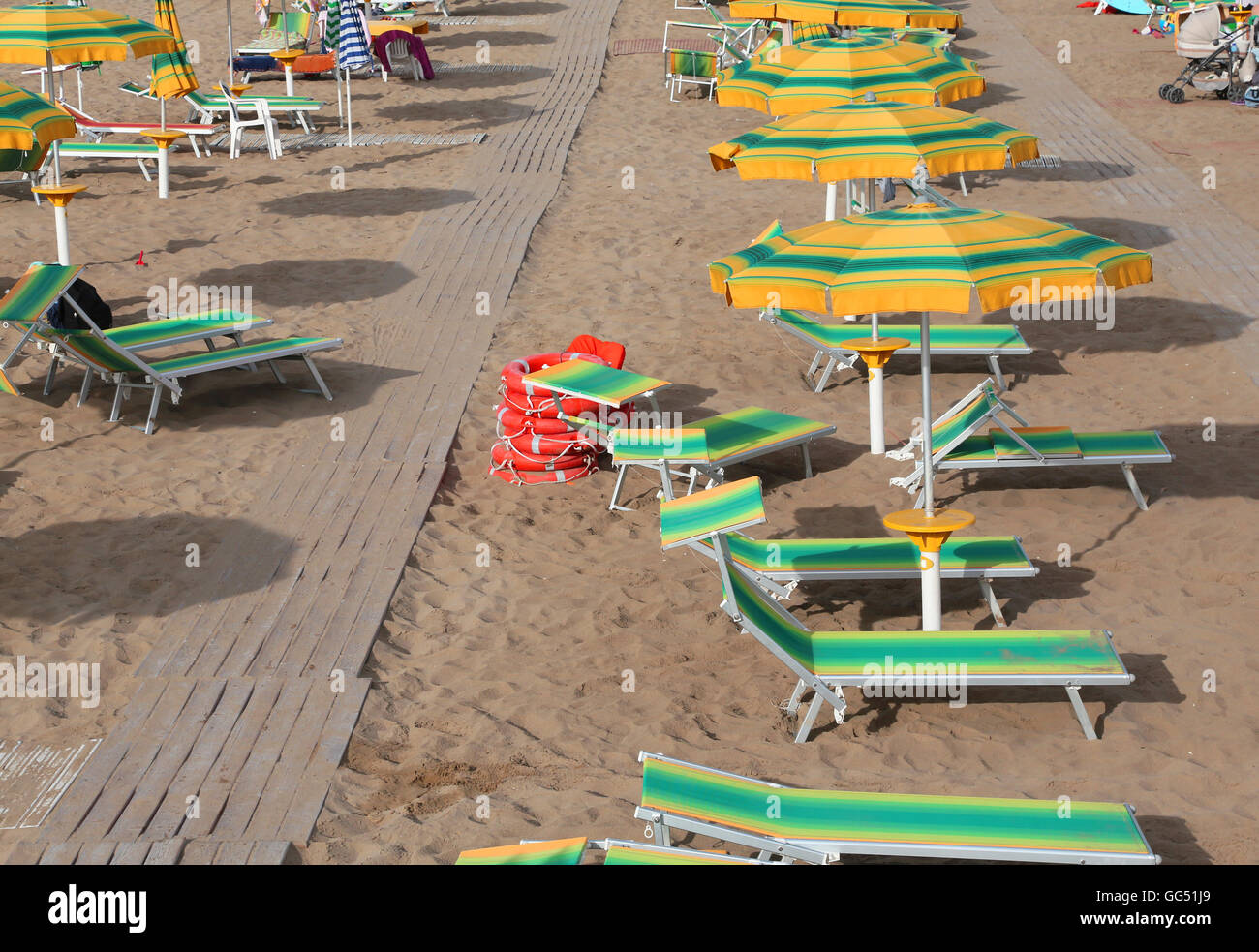 many umbrellas in beach seen from above in summer Stock Photo - Alamy