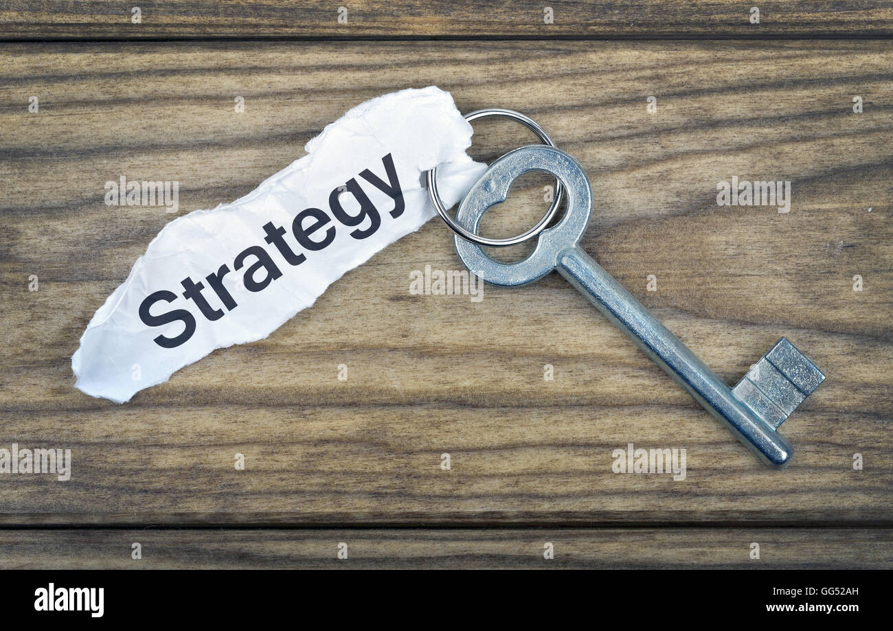 Key with message Strategy on wooden table Stock Photo - Alamy