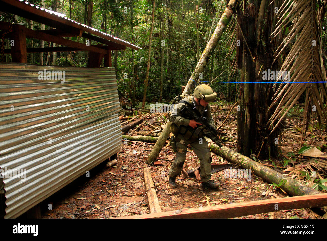 Colombian anti-drug police during operation of destroying cocaine ...