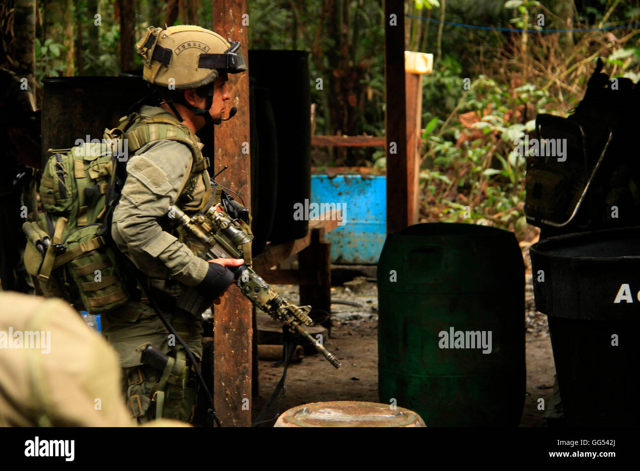Colombian anti-drug police during operation of destroying cocaine ...