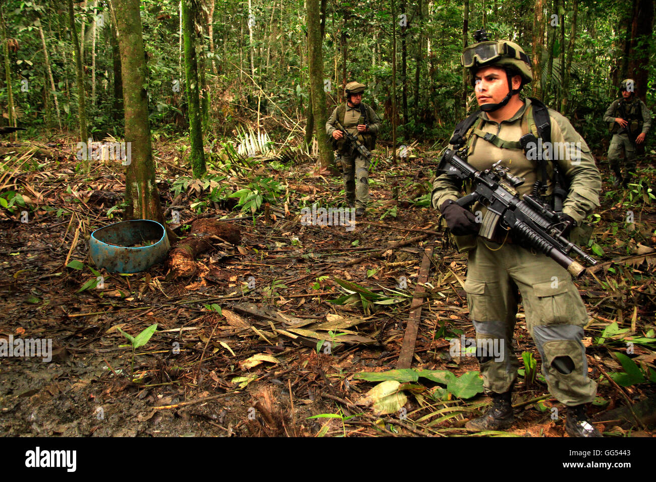 Colombian anti-drug police during operation of destroying cocaine ...
