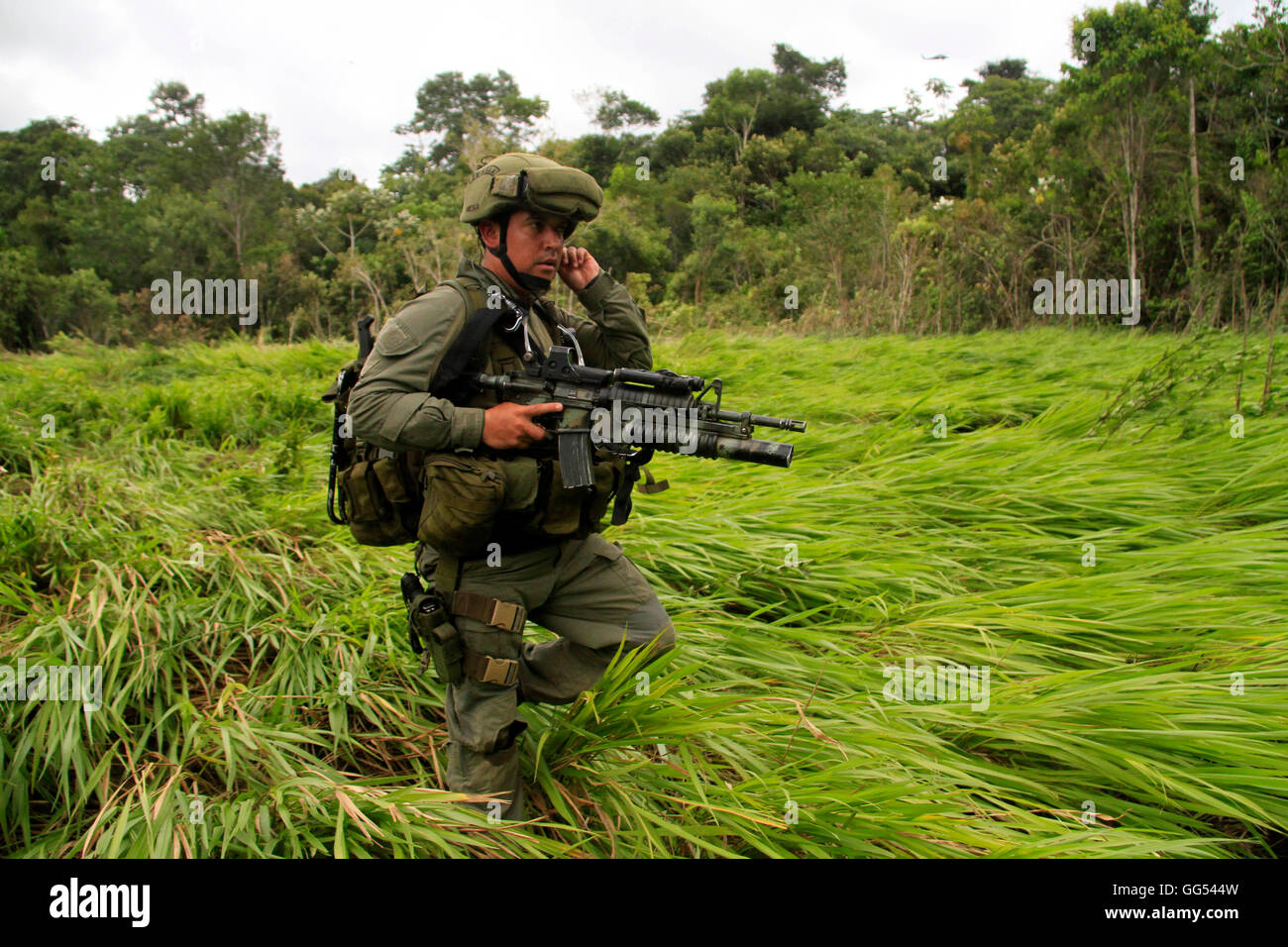 Colombian anti-drug police during operation of destroying cocaine ...