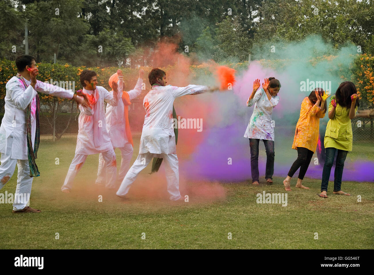 Friends celebrating Holi Stock Photo - Alamy