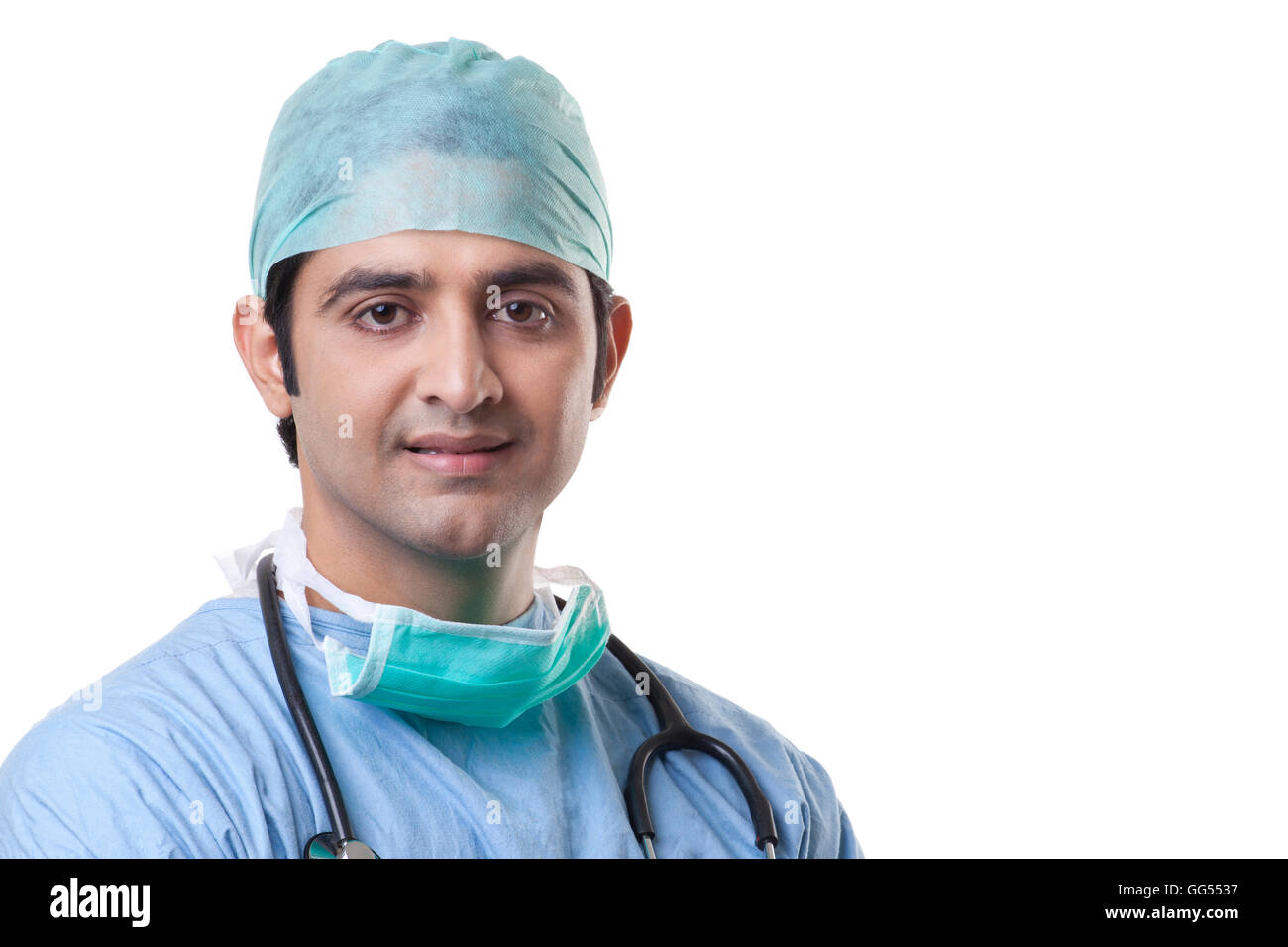 Close-up portrait of male surgeon over white background Stock Photo - Alamy