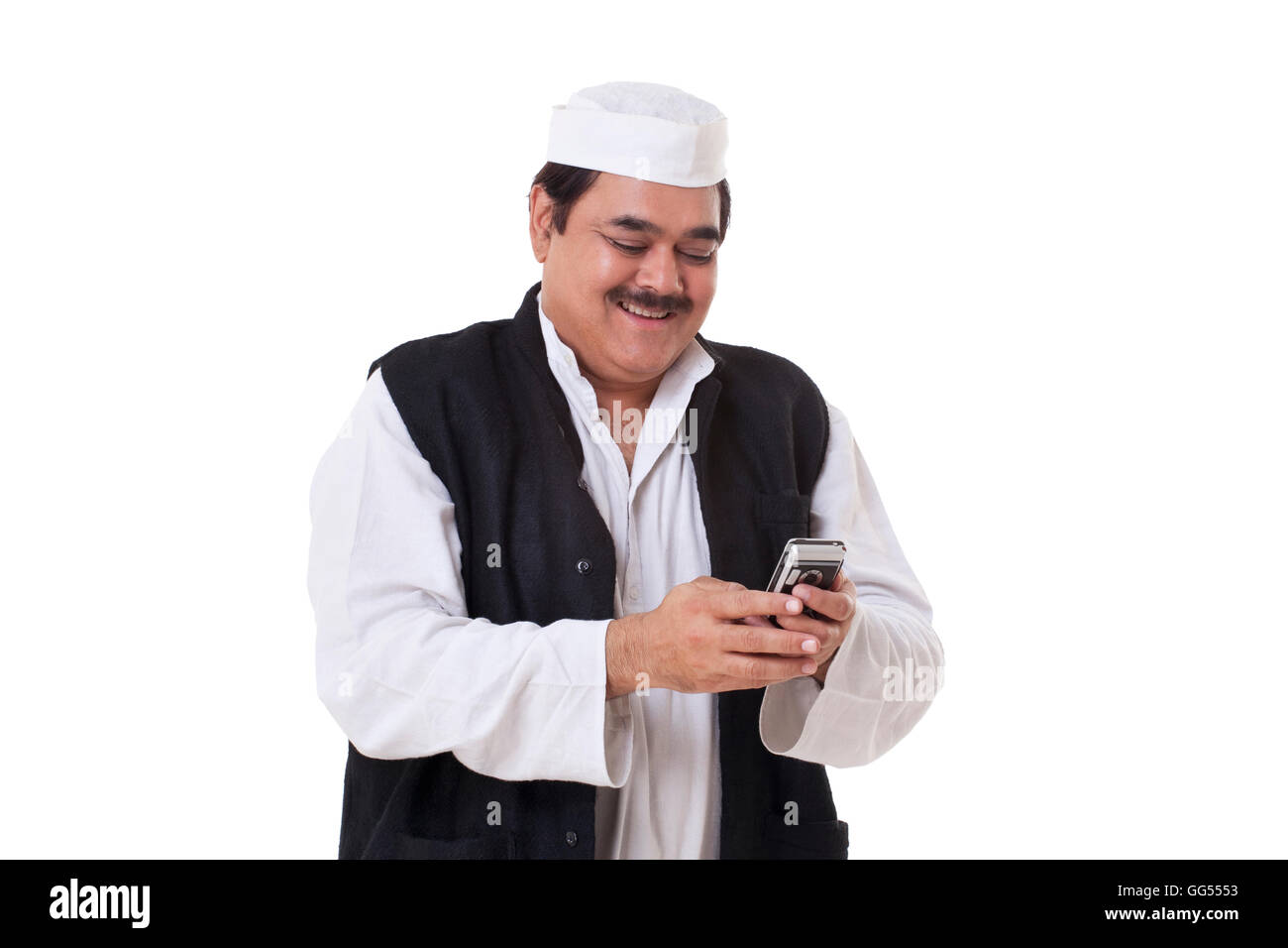 Happy politician texting over white background Stock Photo - Alamy