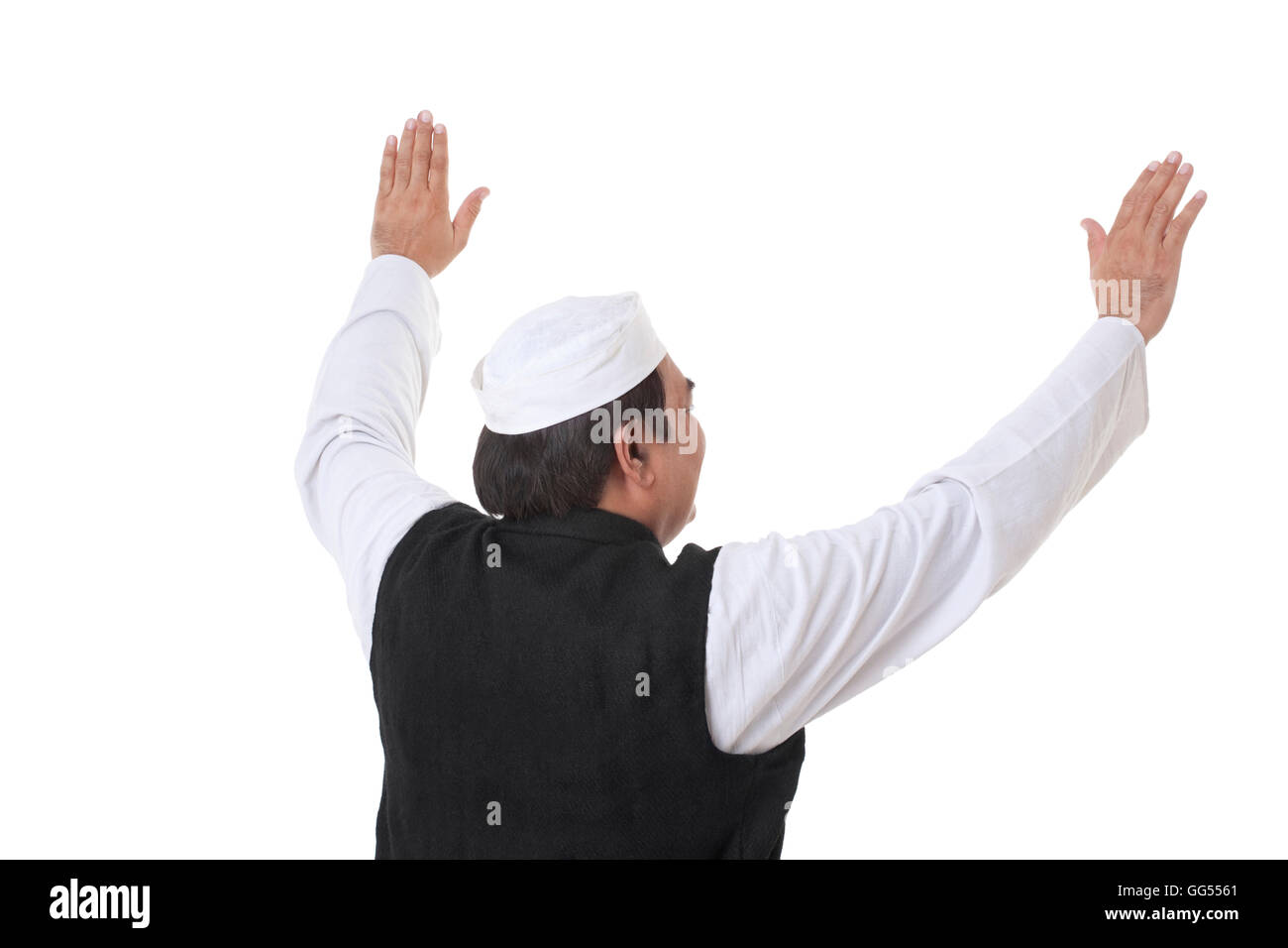 Back view of politician with raised hands Stock Photo - Alamy