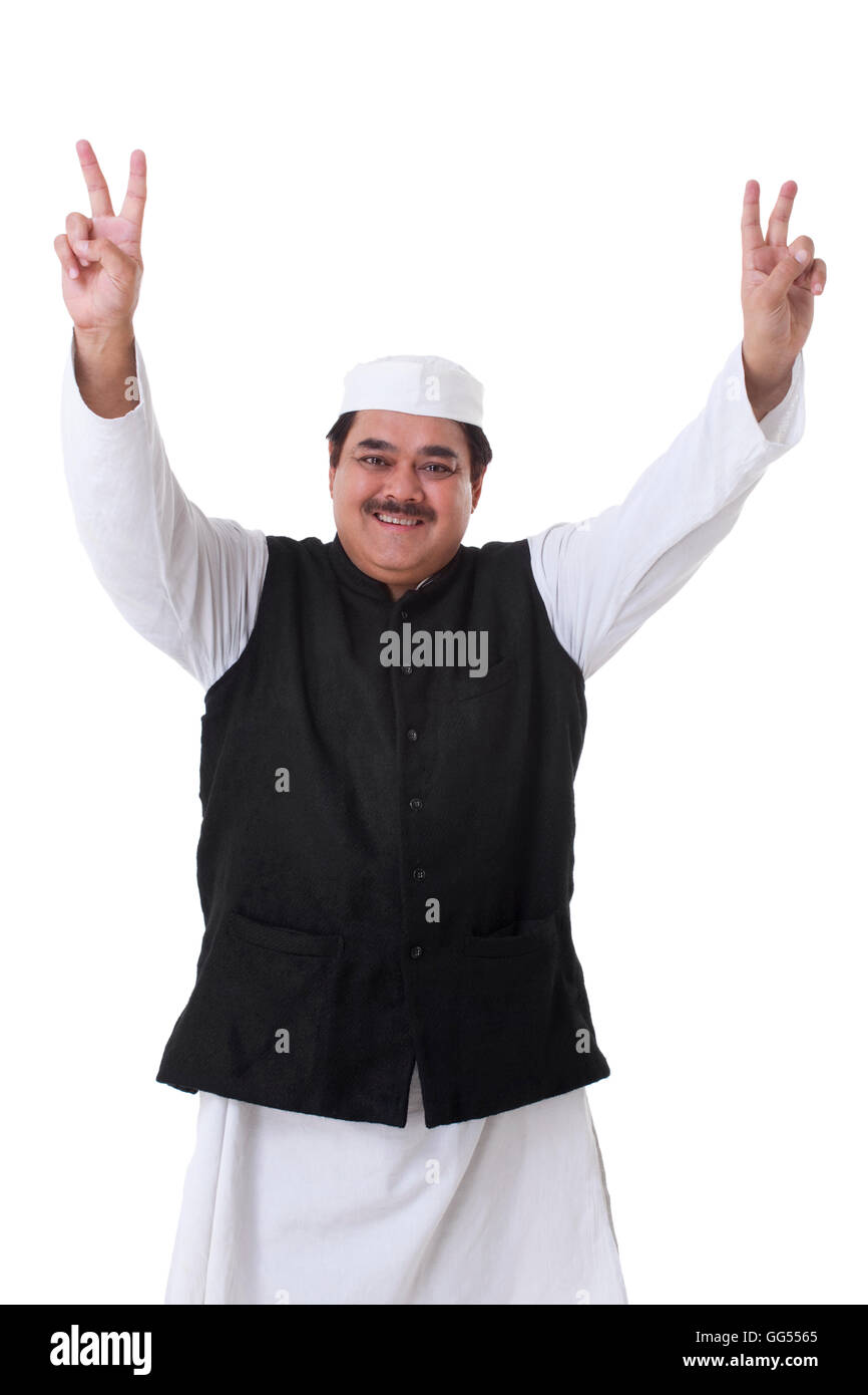 Portrait of a male politician showing a peace sign Stock Photo - Alamy