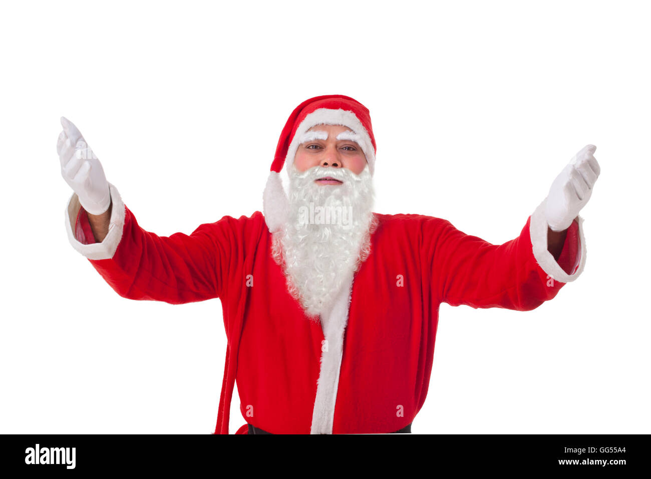 Portrait of Santa Claus with arms raised over white background Stock Photo - Alamy