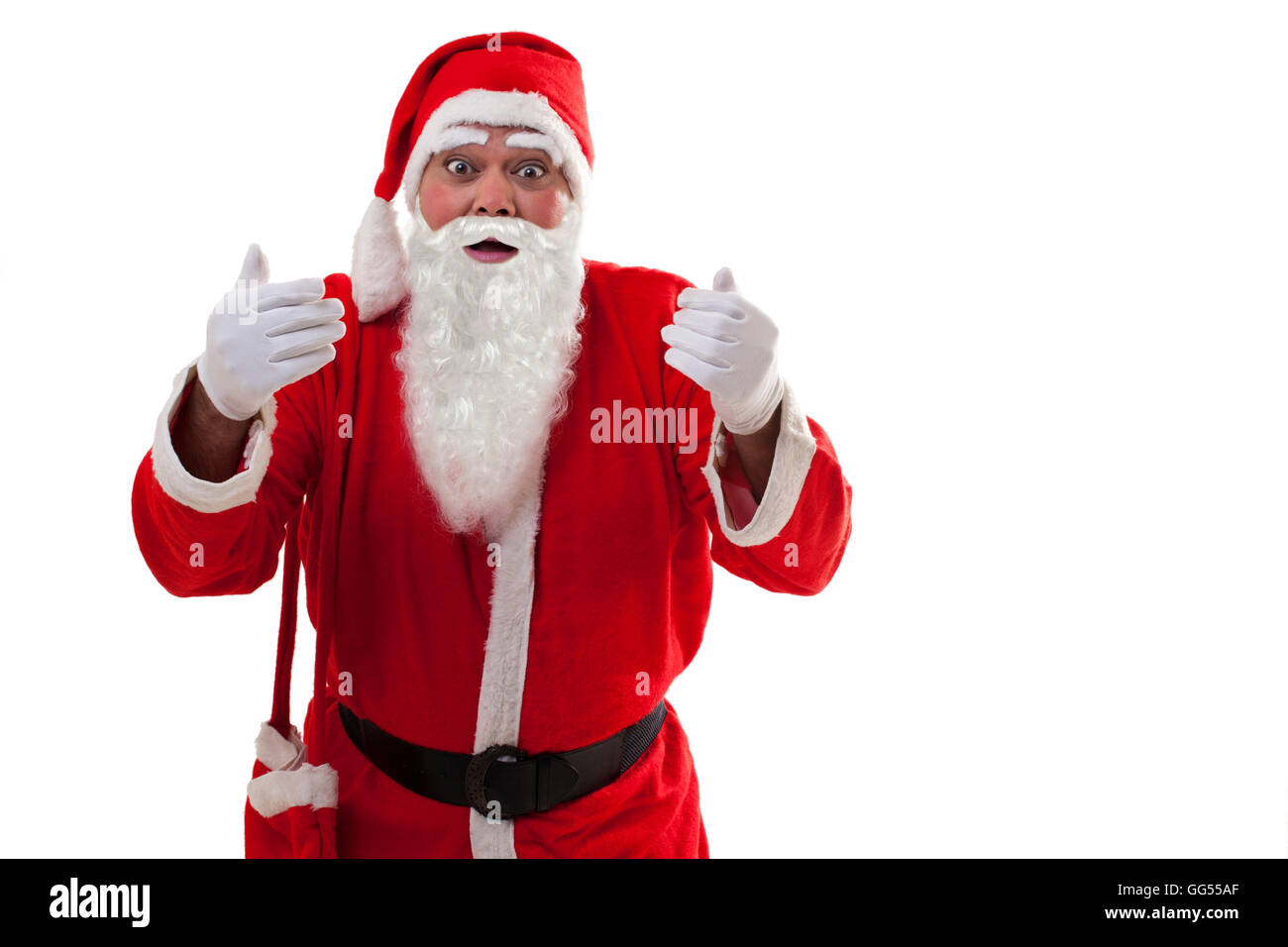 Front view of surprised Santa Claus standing over white background ...