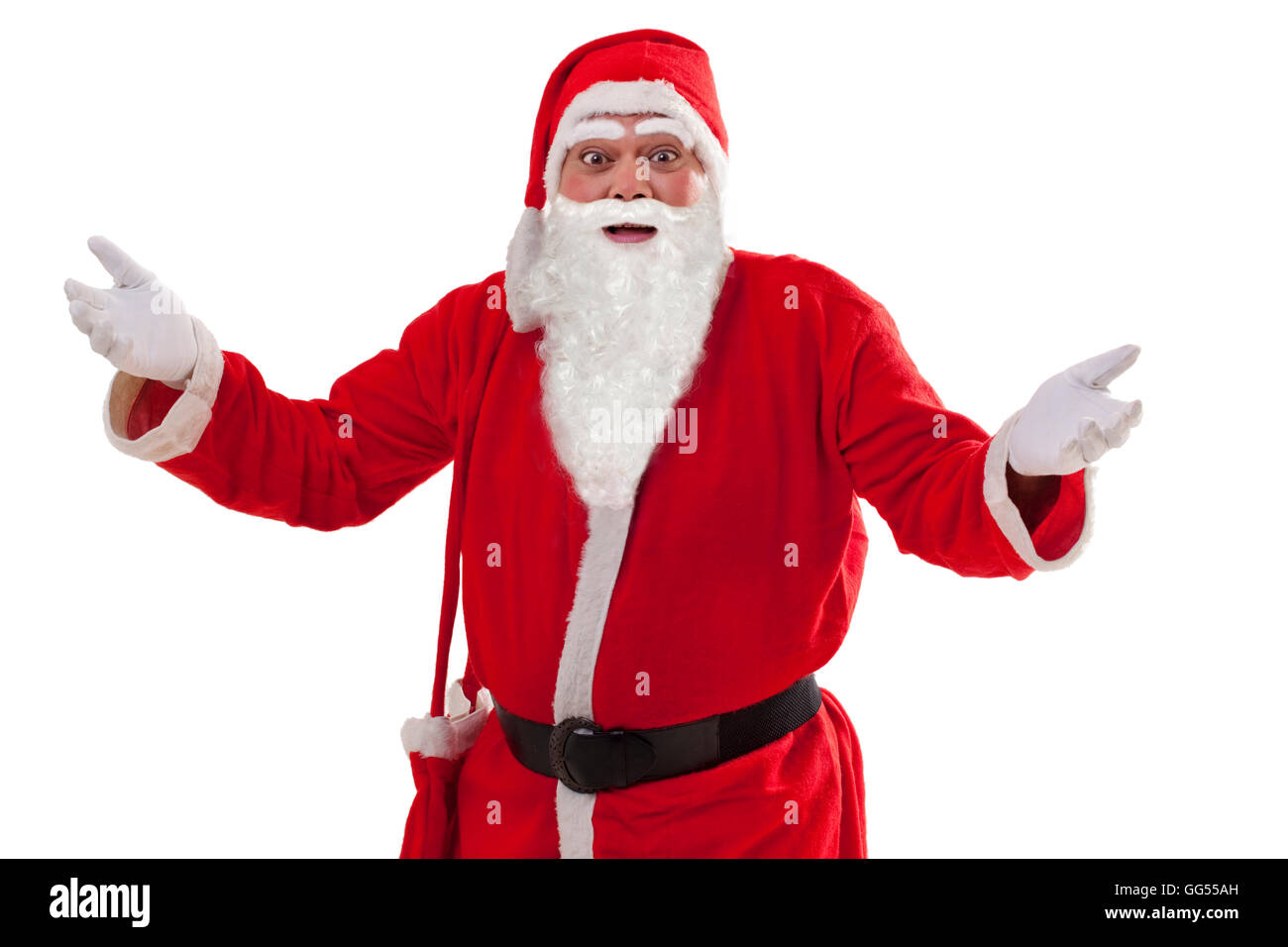 Portrait of Santa Claus with arms outstretched over white background ...