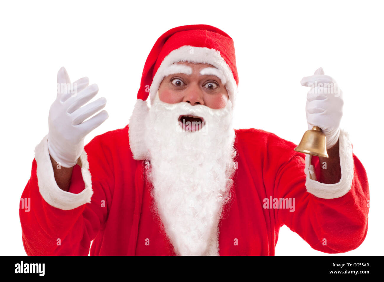 Portrait of surprised Santa Claus with bell over white background Stock ...