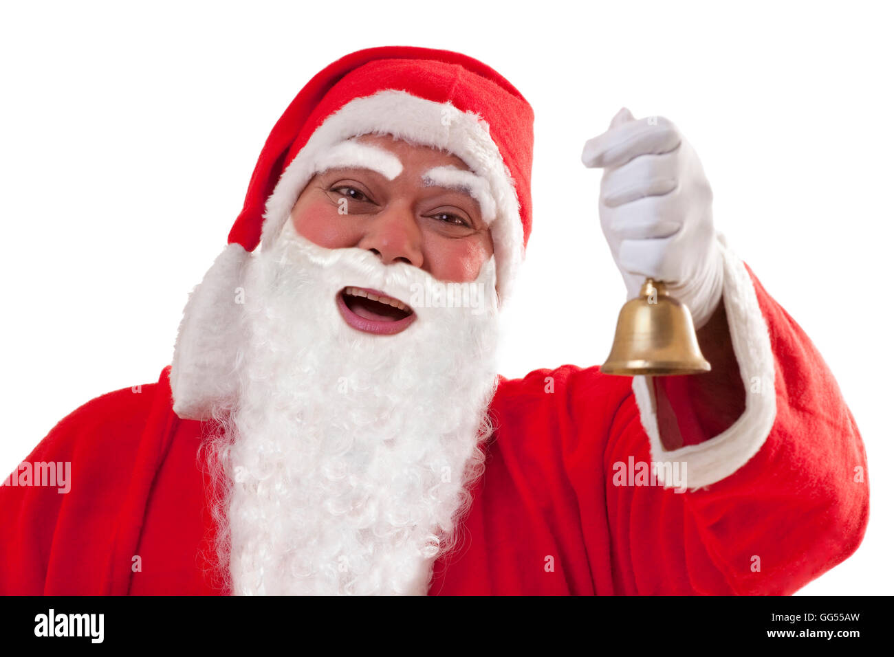Close up portrait of cheerful Santa Claus ringing bell over white ...