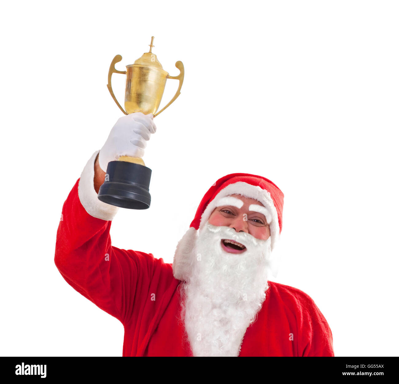 Close up portrait of happy Santa Claus holding trophy over white ...