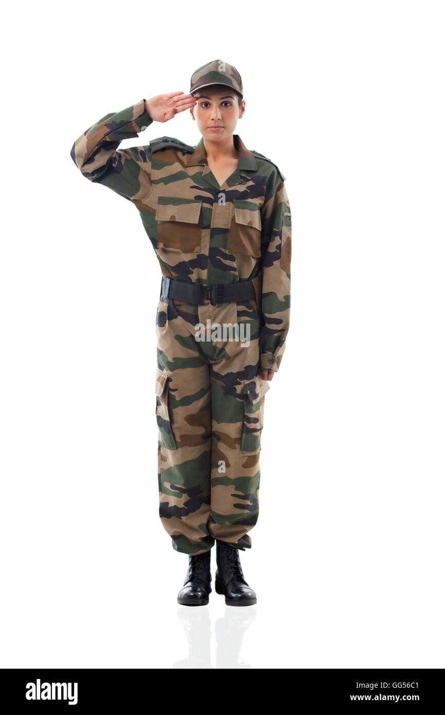 Full length of female soldier saluting Stock Photo - Alamy