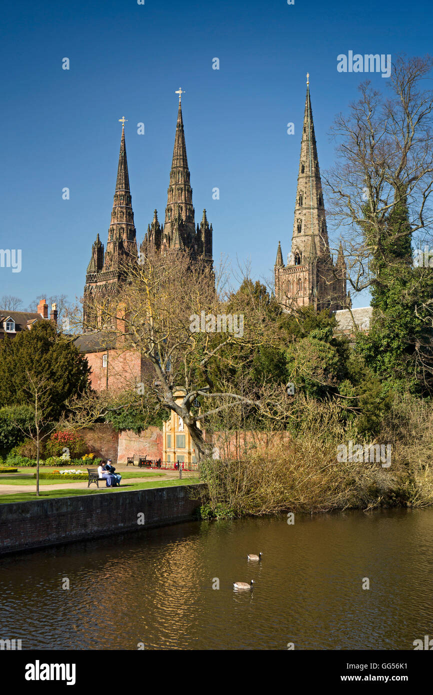 UK, England, Staffordshire, Lichfield, Cathedral from Minster Pool ...