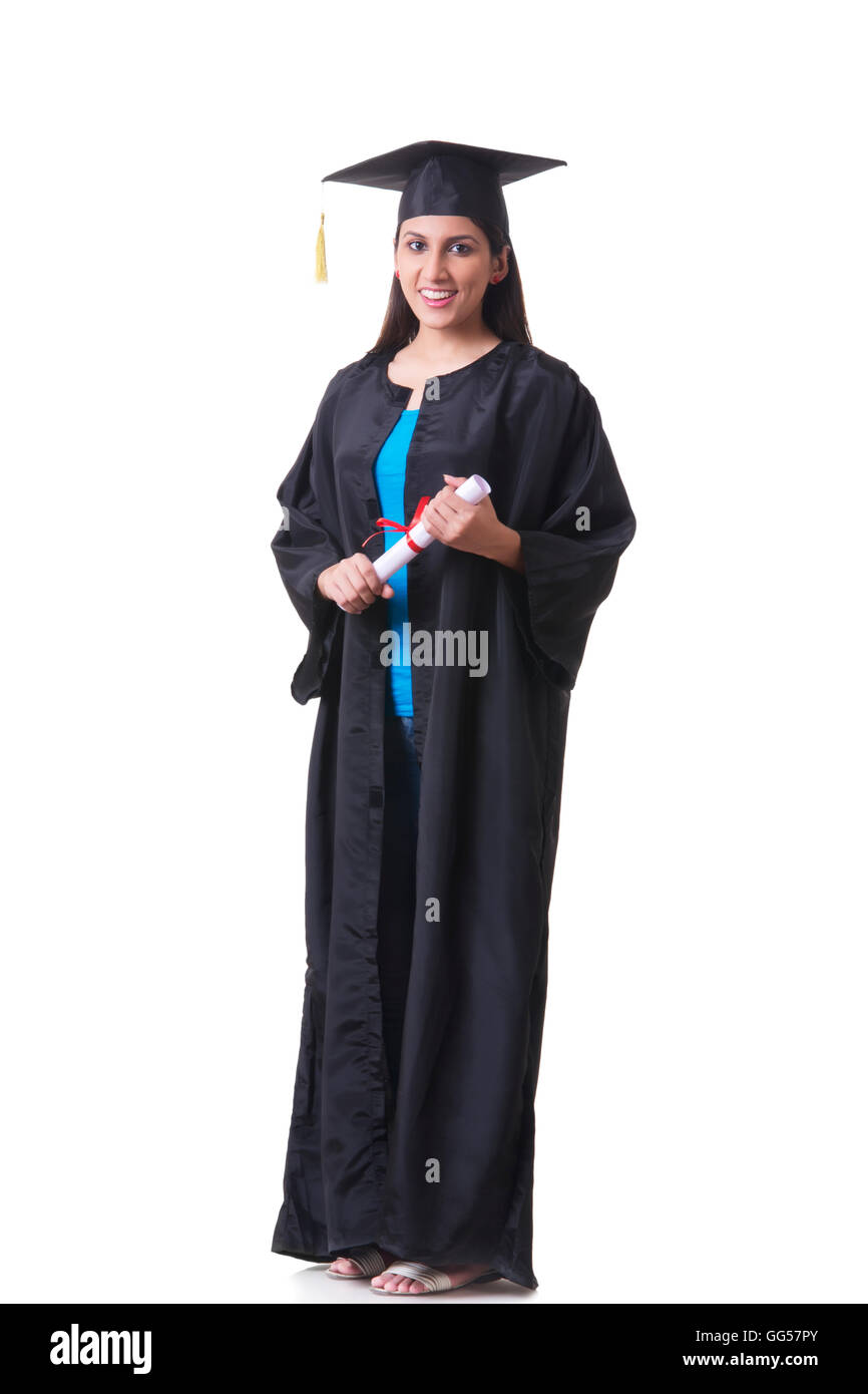 Full length portrait of smiling graduate student holding diploma over ...