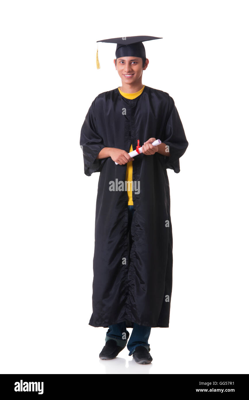 Full length portrait of confident graduate student holding diploma ...
