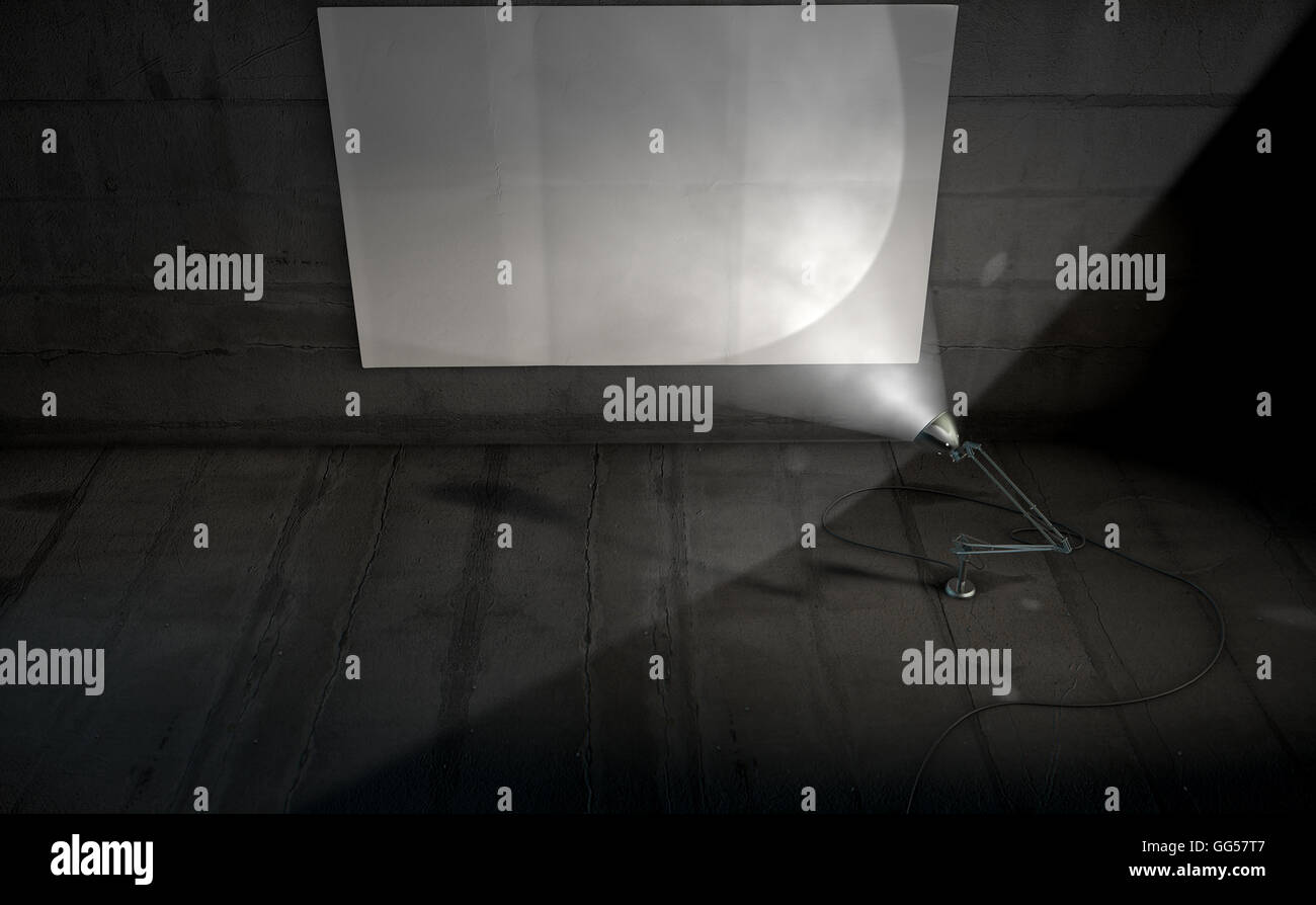 A 3D render of a vintage desk lamp illuminating a blank poster on a ...