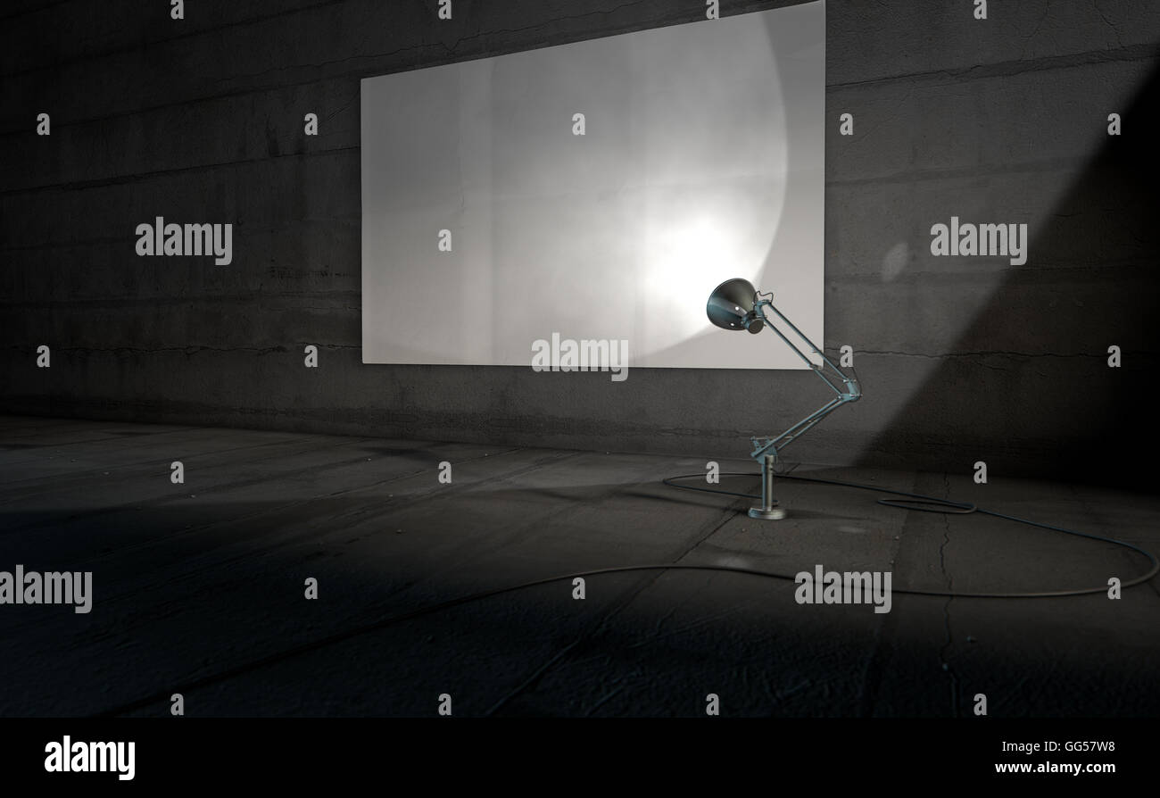 A 3D render of a vintage desk lamp illuminating a blank poster on a ...