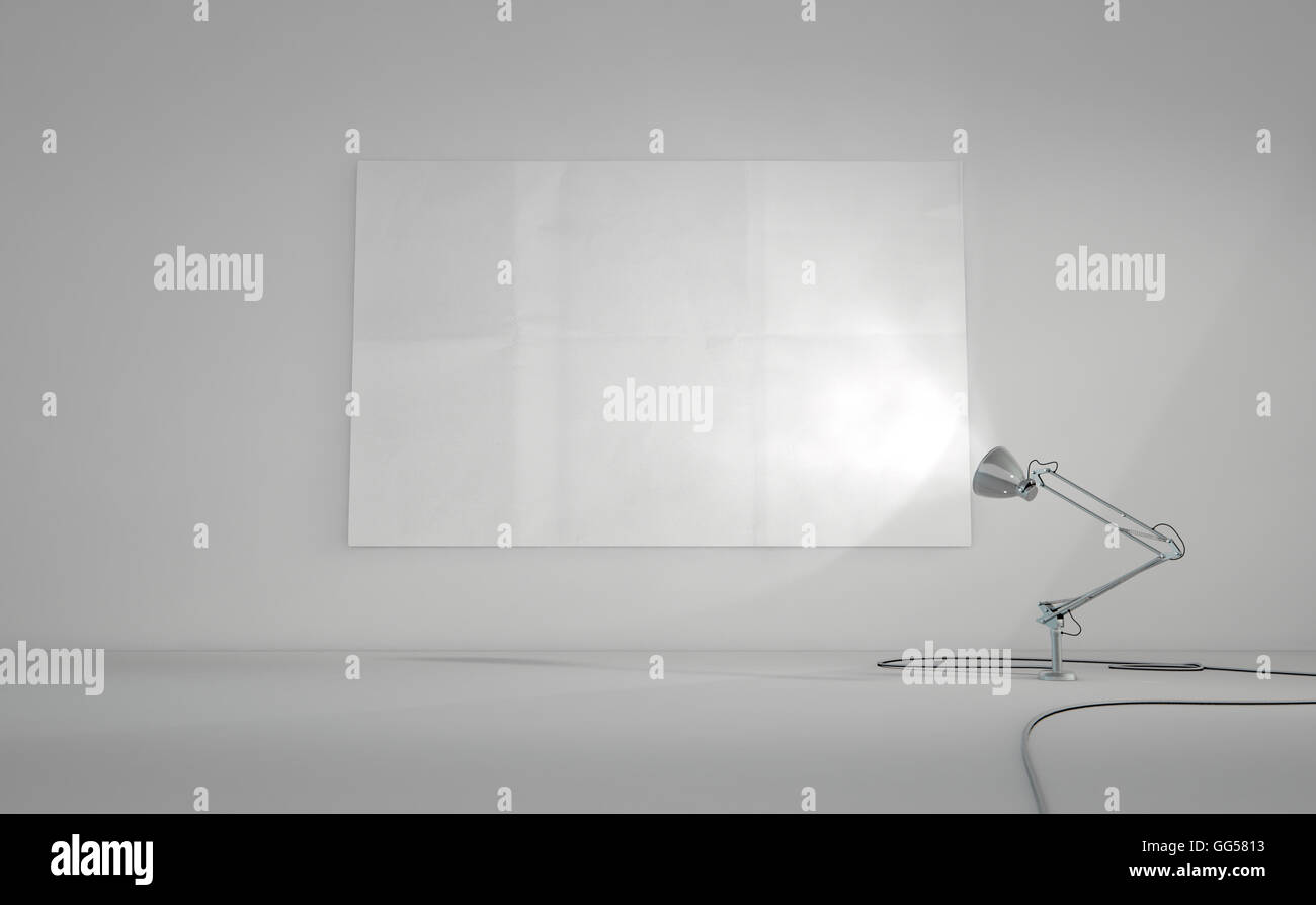 A 3D render of a vintage desk lamp illuminating a blank paper poster on ...