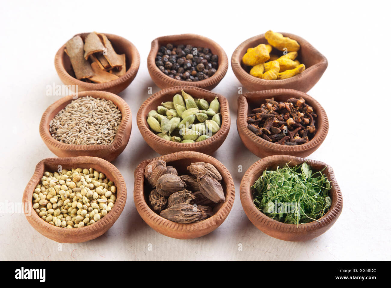 Variety of Indian spices in oil lamps on white background Stock Photo ...