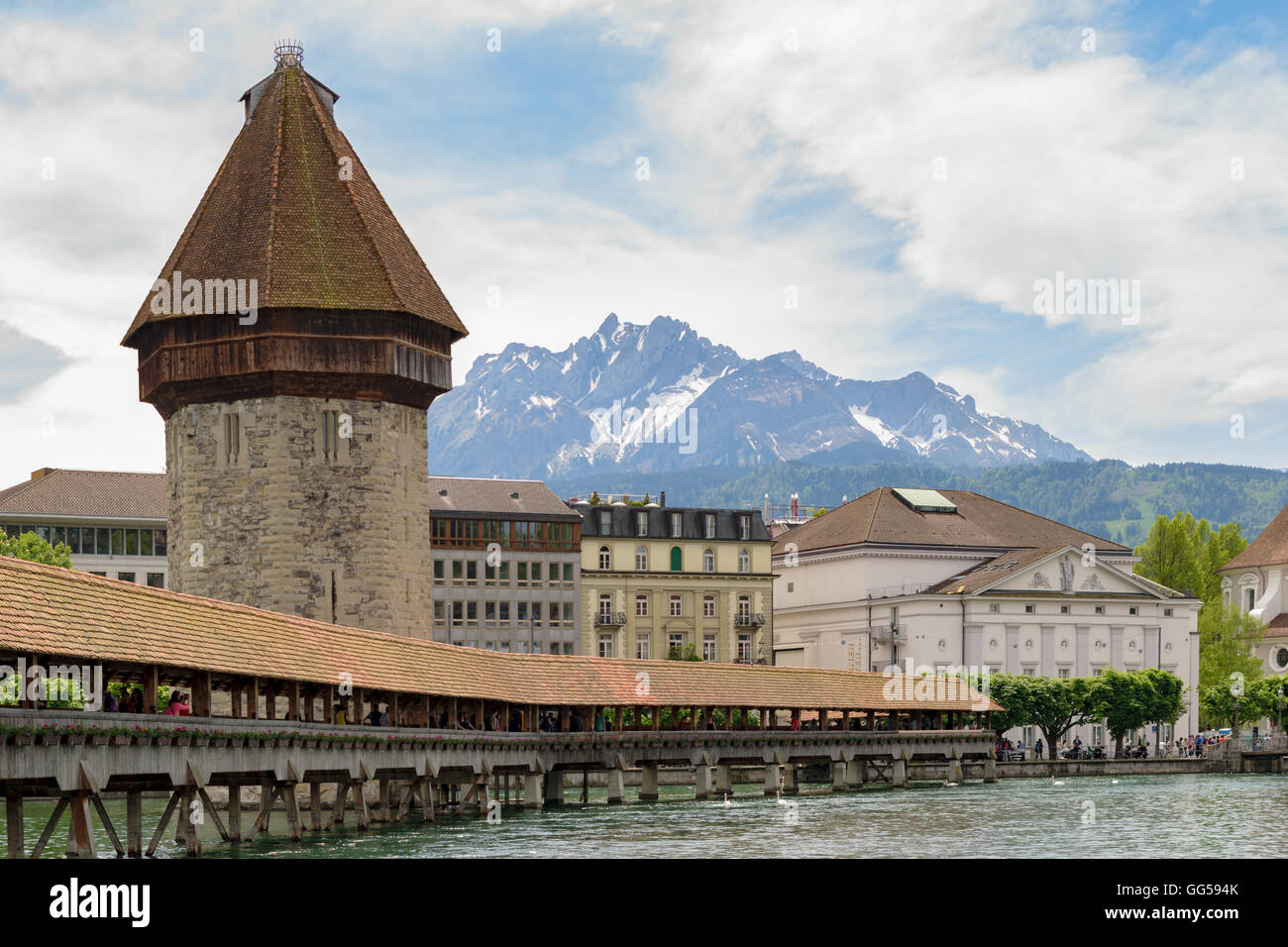 Downtown Lucerne: Water Tower, Jesuit Church, Chapel Bridge Stock Photo ...