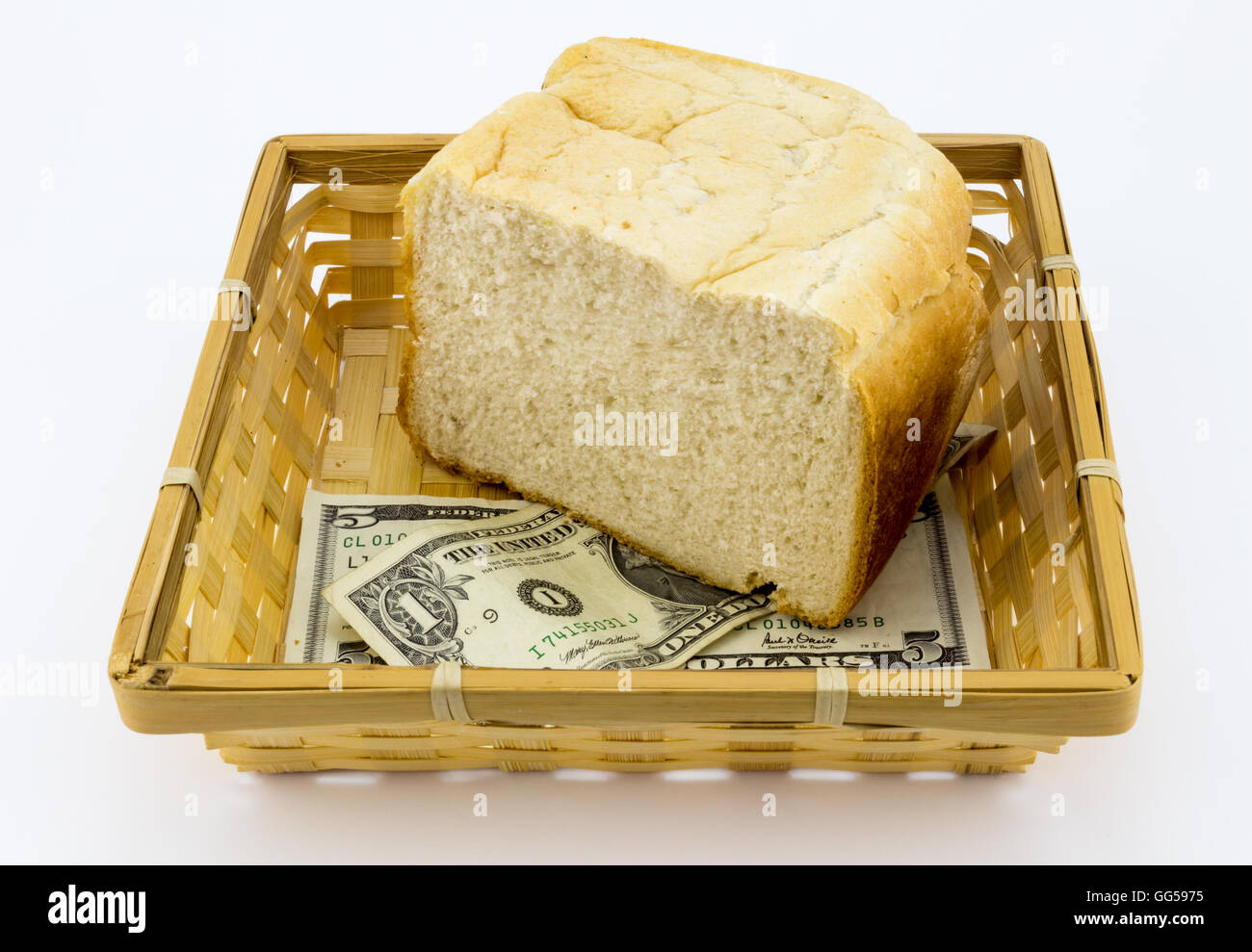 5 and 1 dollar notes with half a loaf of white bread in basket isolated ...