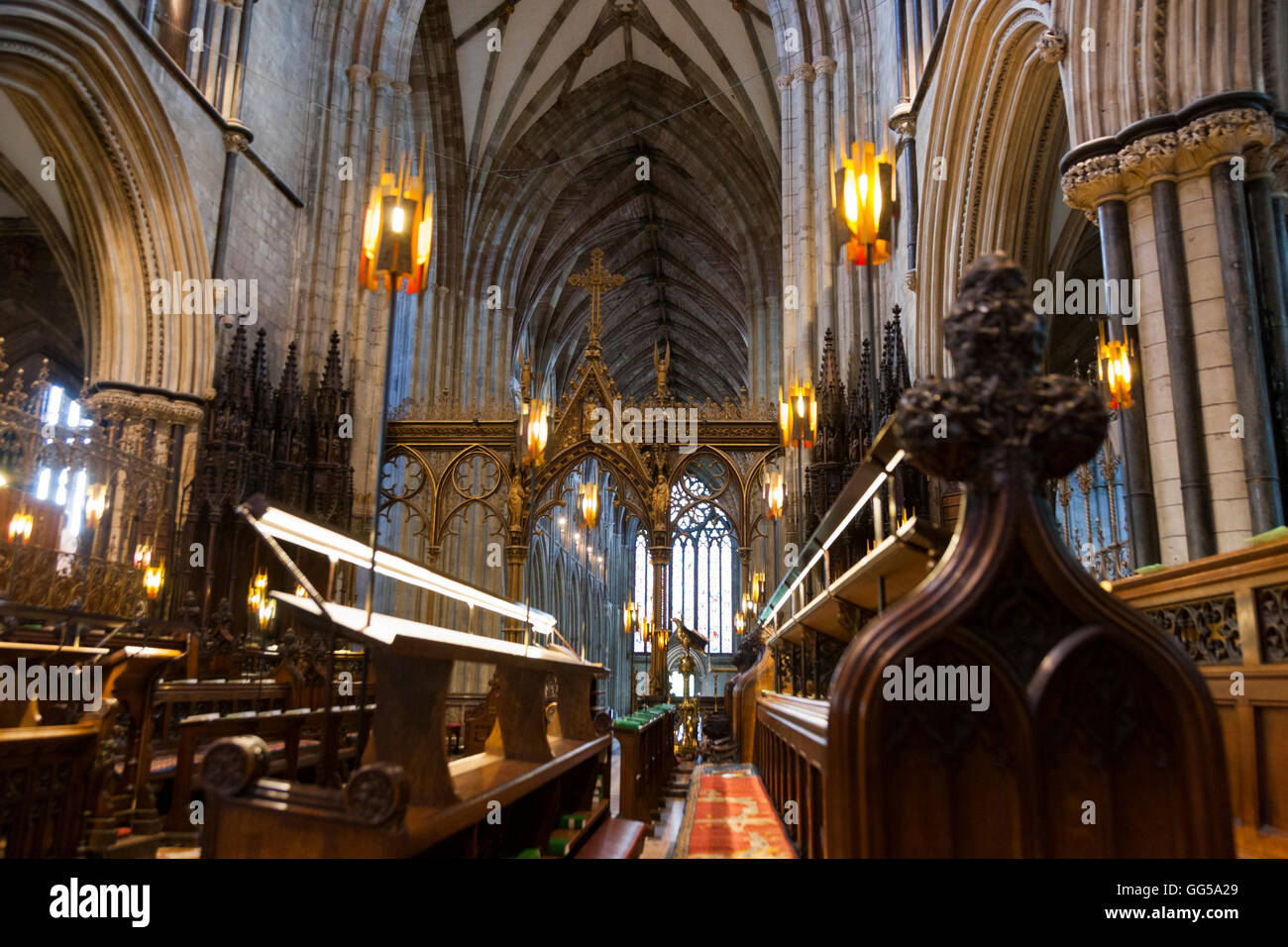 Quire with choir stall / stalls at Worcester Cathedral UK Stock Photo ...