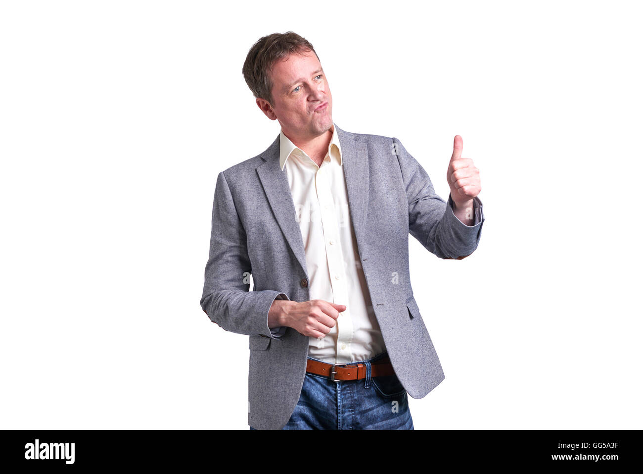 Portrait of a happy middle age man showing thumbs up Stock Photo - Alamy