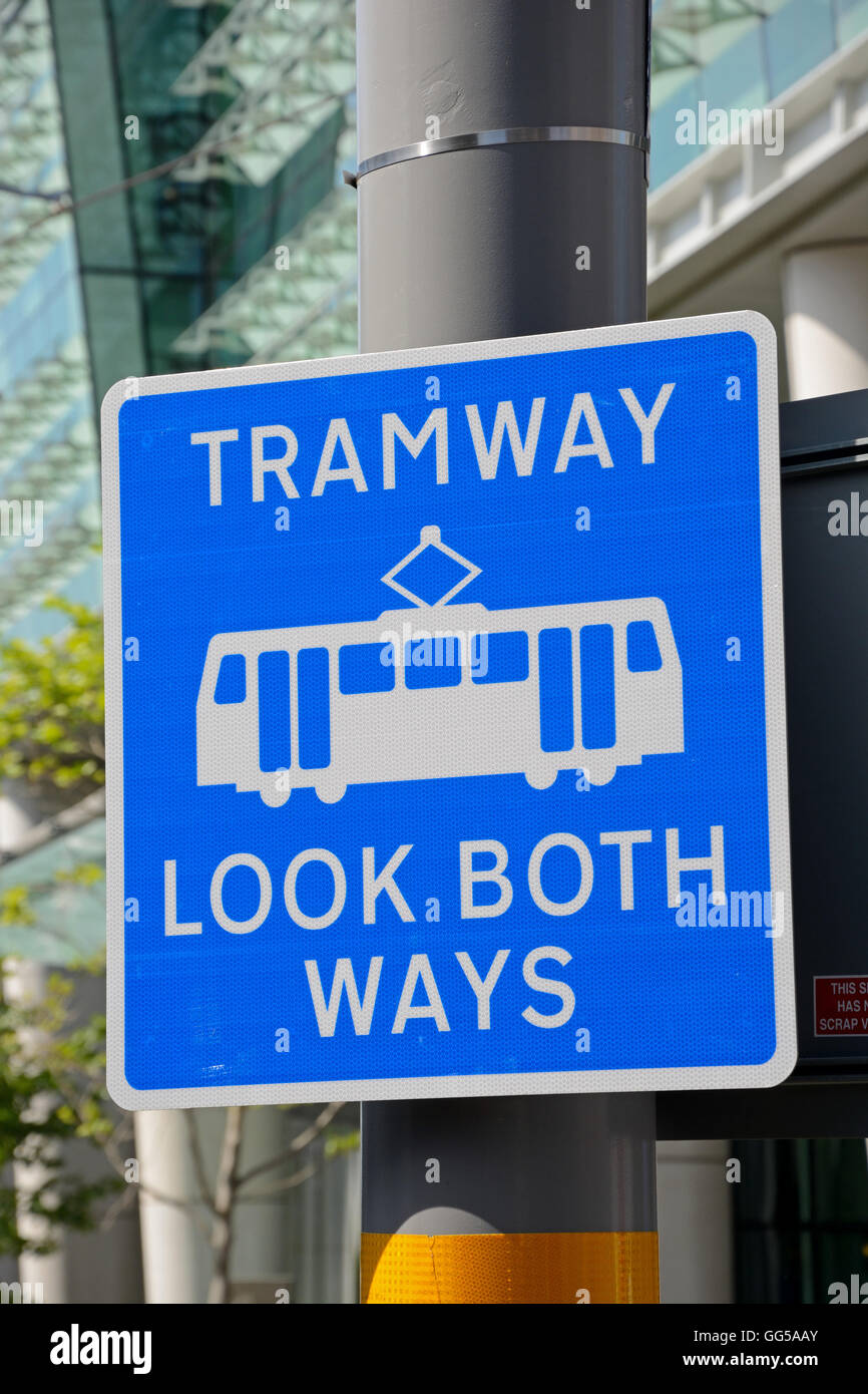 Blue Look Both Ways Tram sign, Birmingham, England, UK, Western Europe ...