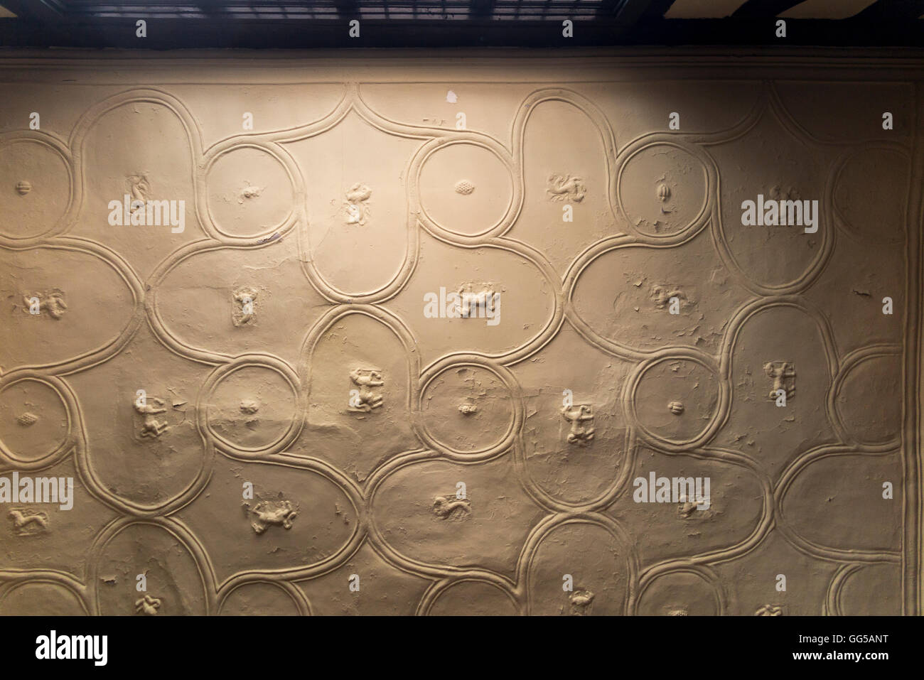 Tudor ceiling in a room at the The Tudor House Museum. Friar St / Friar ...