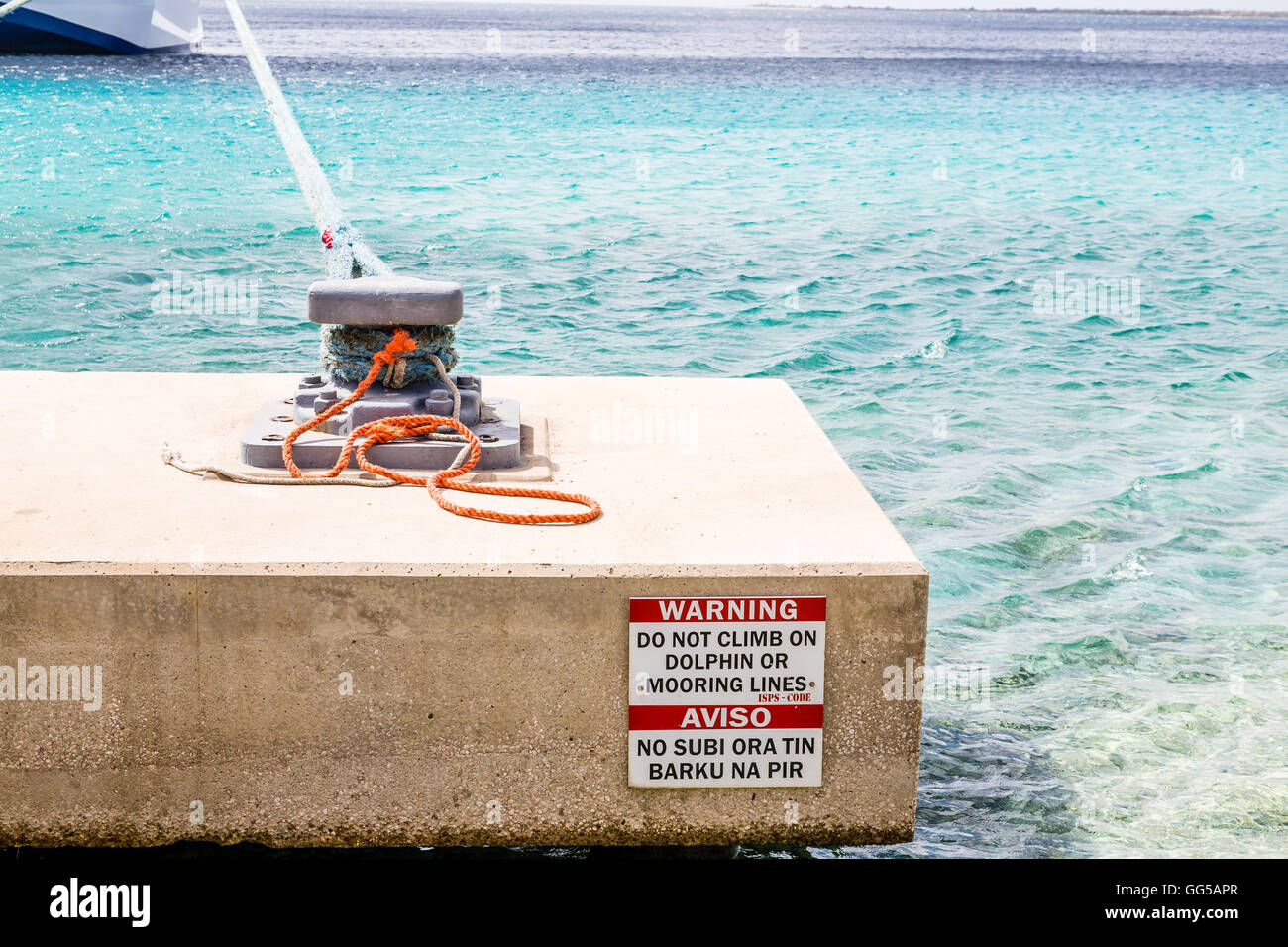 Ropes and Warning on Mooring Platform Stock Photo - Alamy