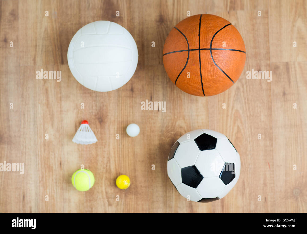close up of different sports balls and shuttlecock Stock Photo - Alamy