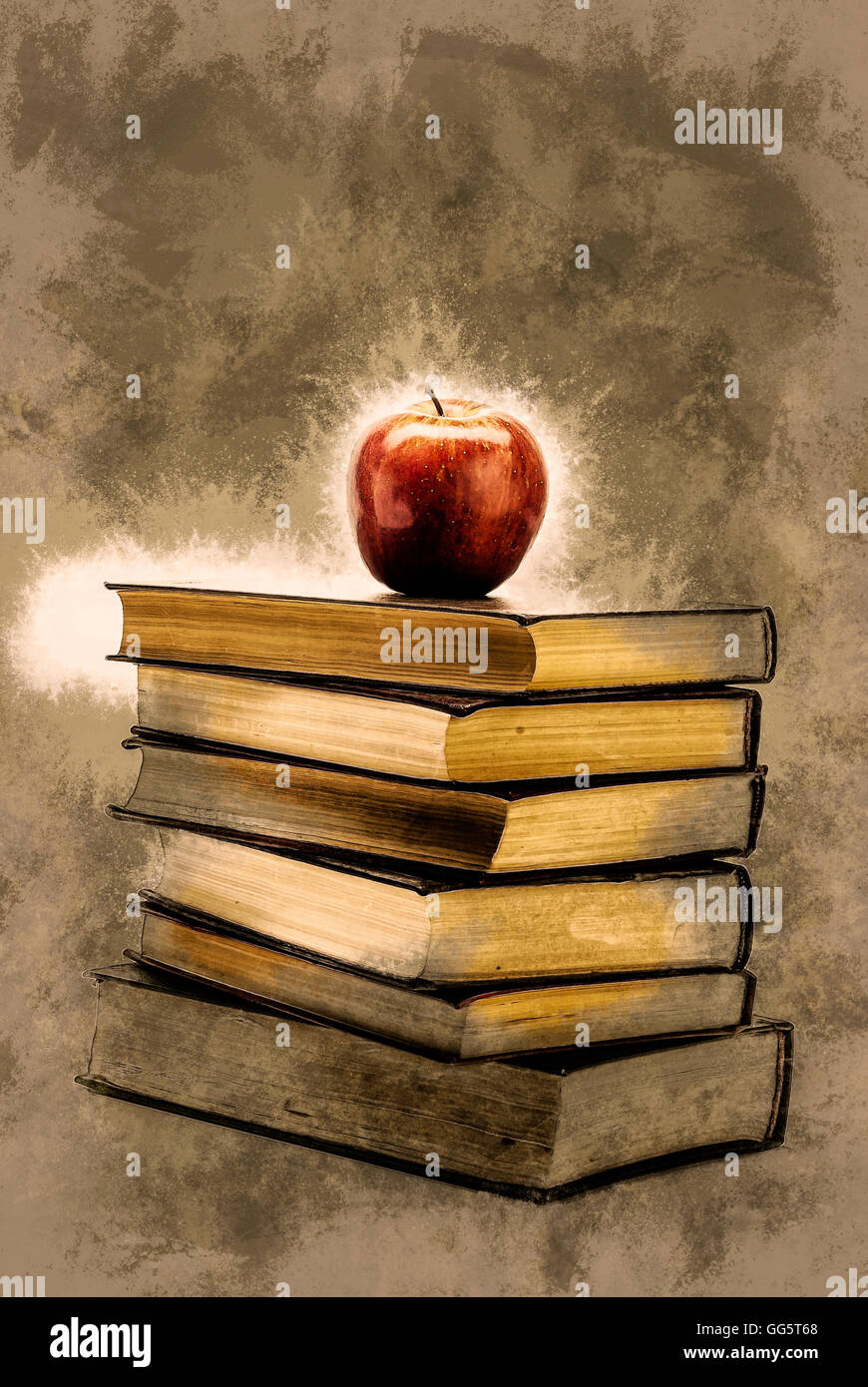 Stack of Old Books With an Apple on Top Stock Photo - Alamy