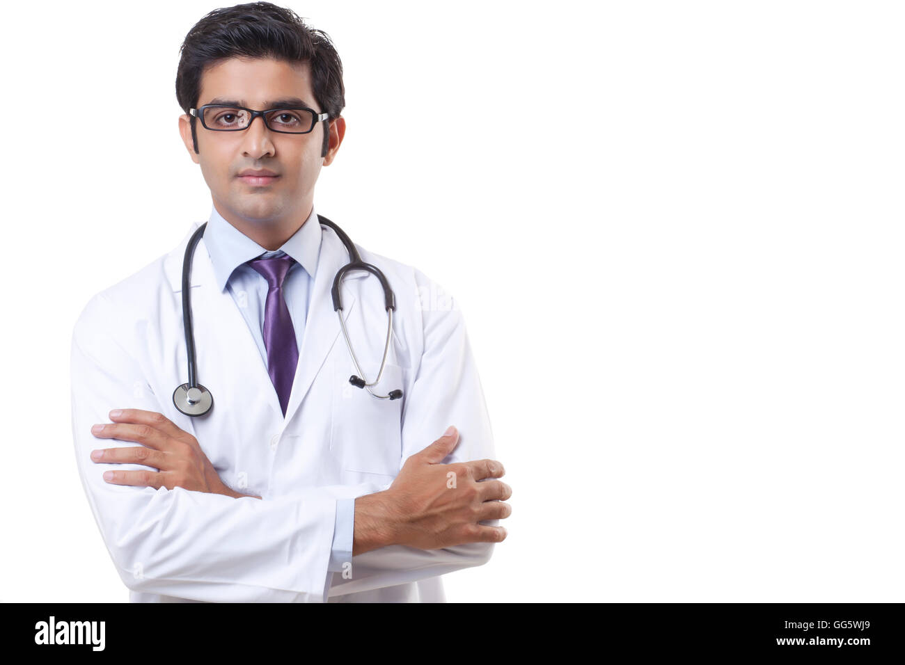 Doctor with stethoscope around neck on white background Stock Photo - Alamy