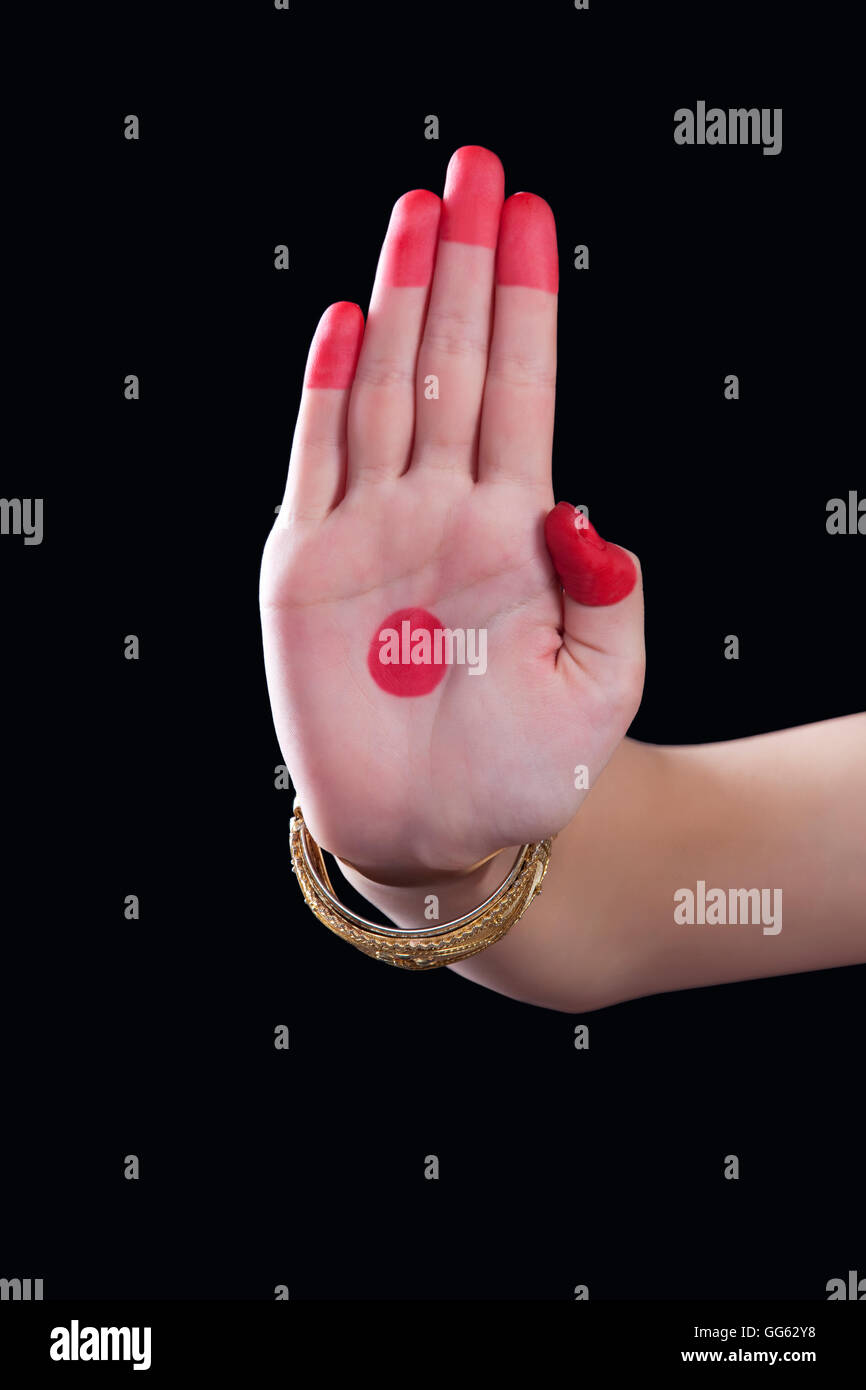 Close-up of a woman's hand making a Bharatanatyam gesture called Pataka ...