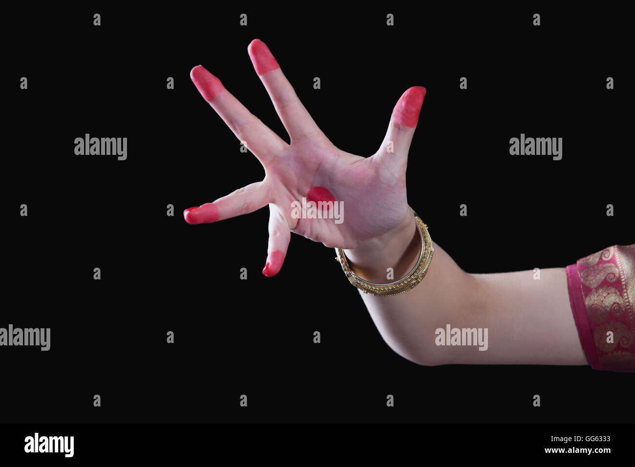Close-up of a woman's hand making Bharatanatyam gesture called Alapadma ...