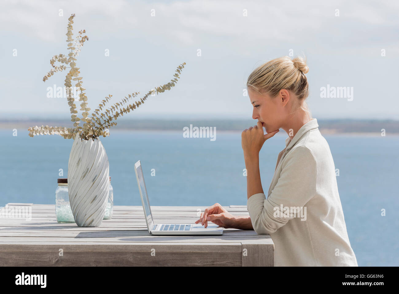 Side profile of a beautiful woman using a laptop Stock Photo - Alamy