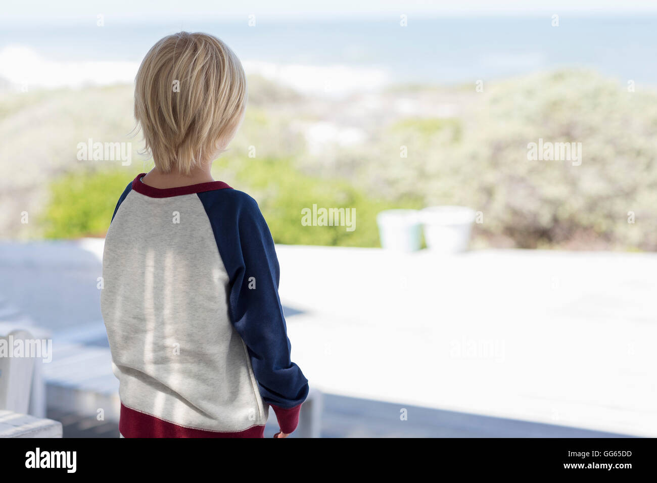 Rear view of a little boy standing outdoors Stock Photo - Alamy