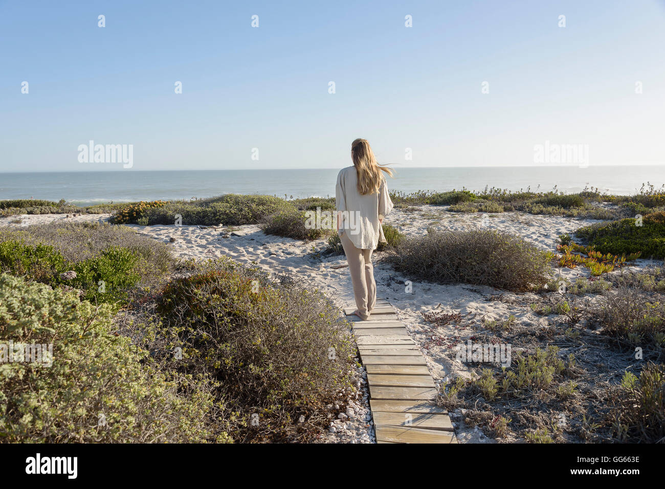 Rear view of a woman walking on the beach Stock Photo - Alamy